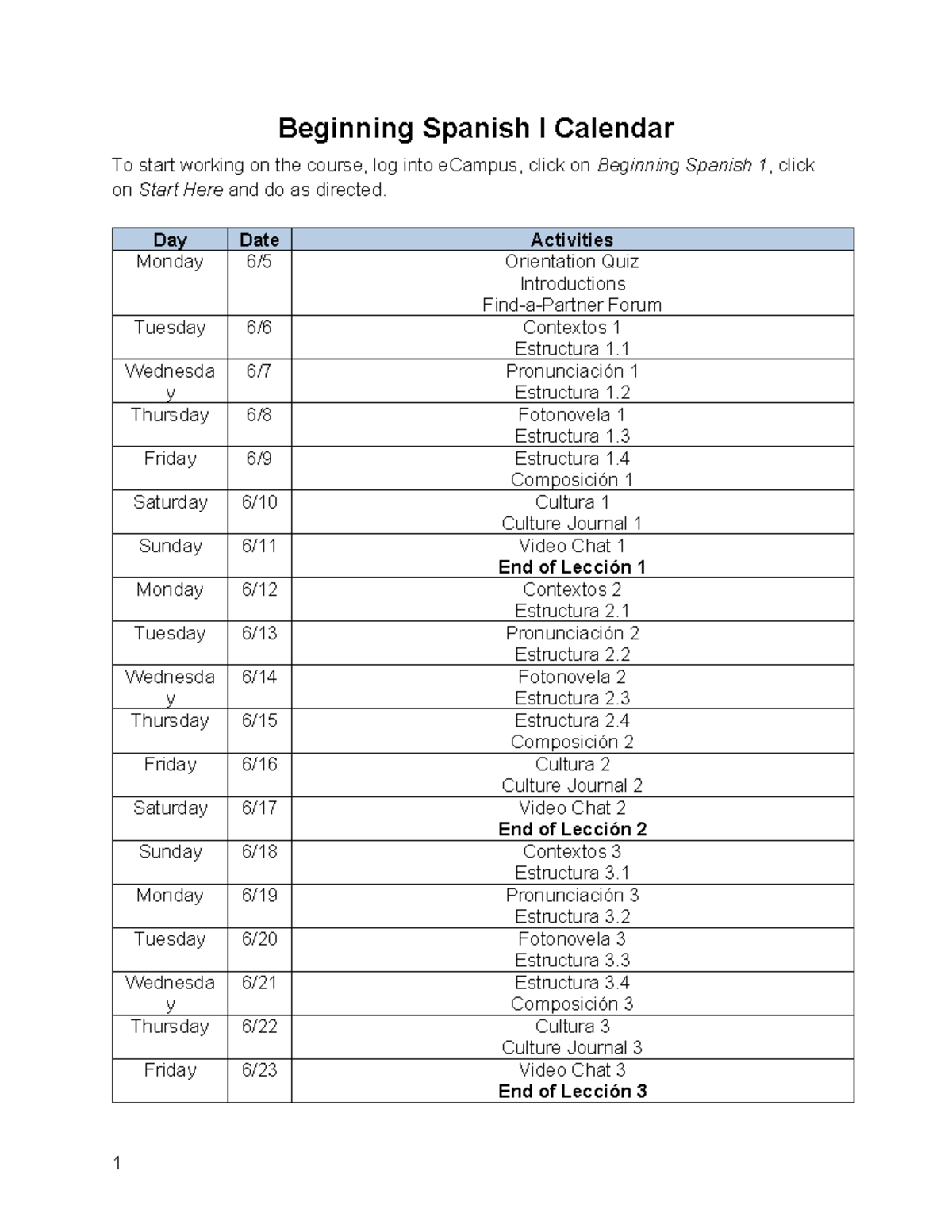 2023SU-SPAN-1411-63640 Calendar - Beginning Spanish I Calendar To start ...