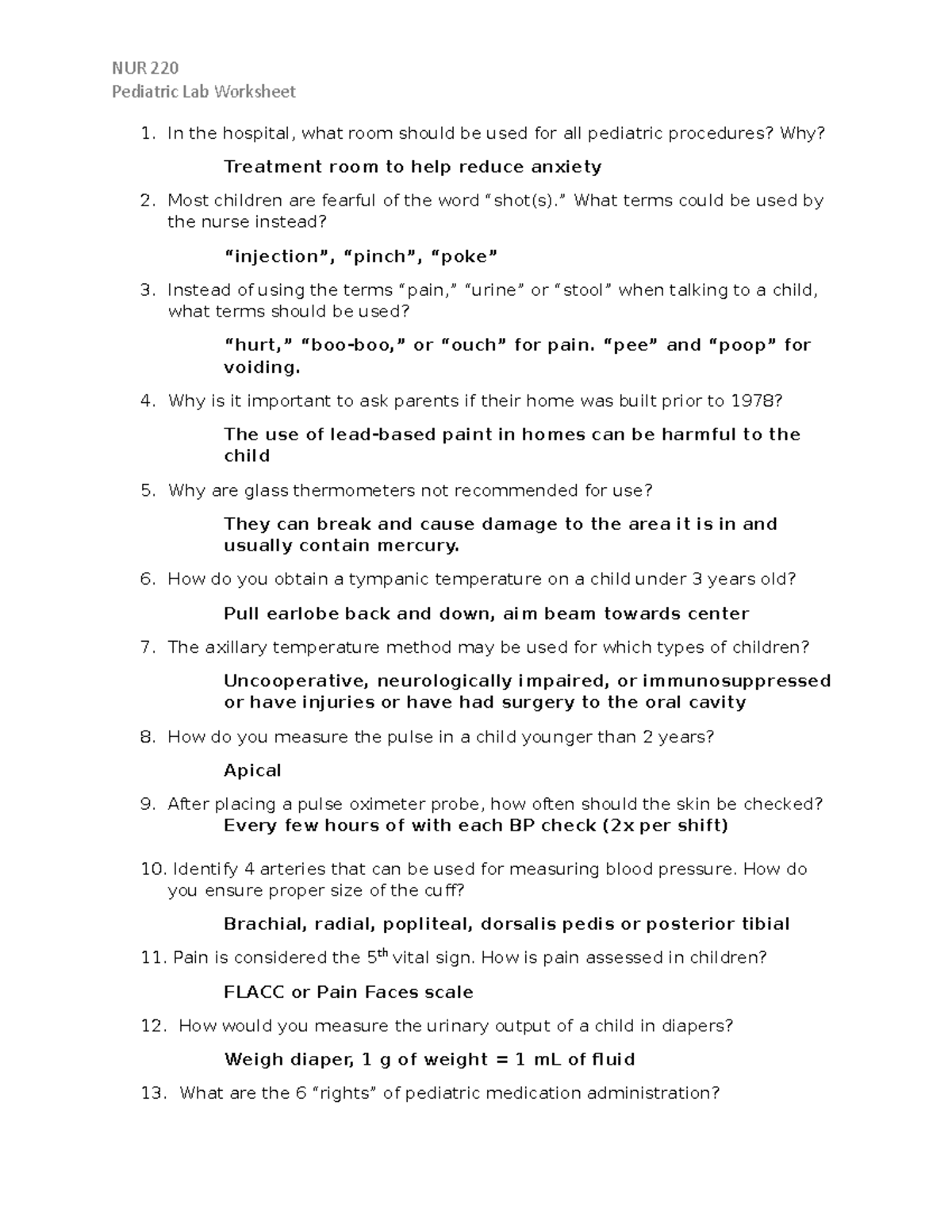 NUR 220 Pediatric Lab Worksheet - Pediatric Lab Worksheet In the ...