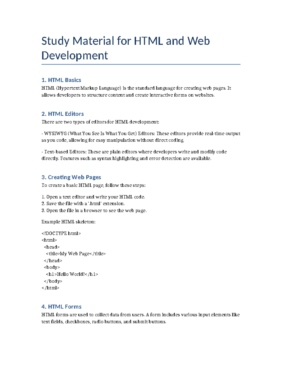 Study Material HTML Web Development - Study Material for HTML and Web Development 1. HTML Basics ...