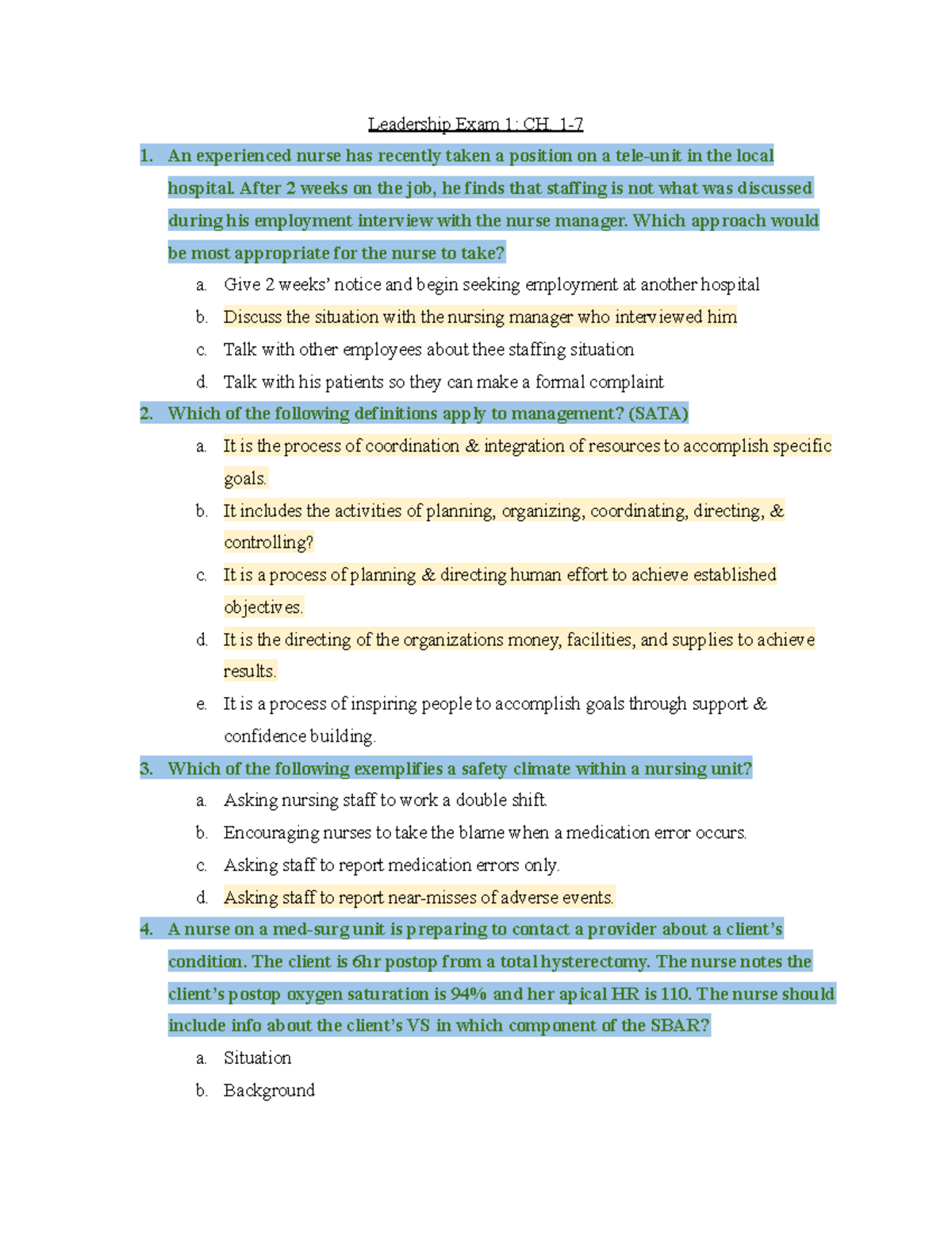 Leadership questions - Leadership Exam 1: CH. 1- An experienced nurse ...