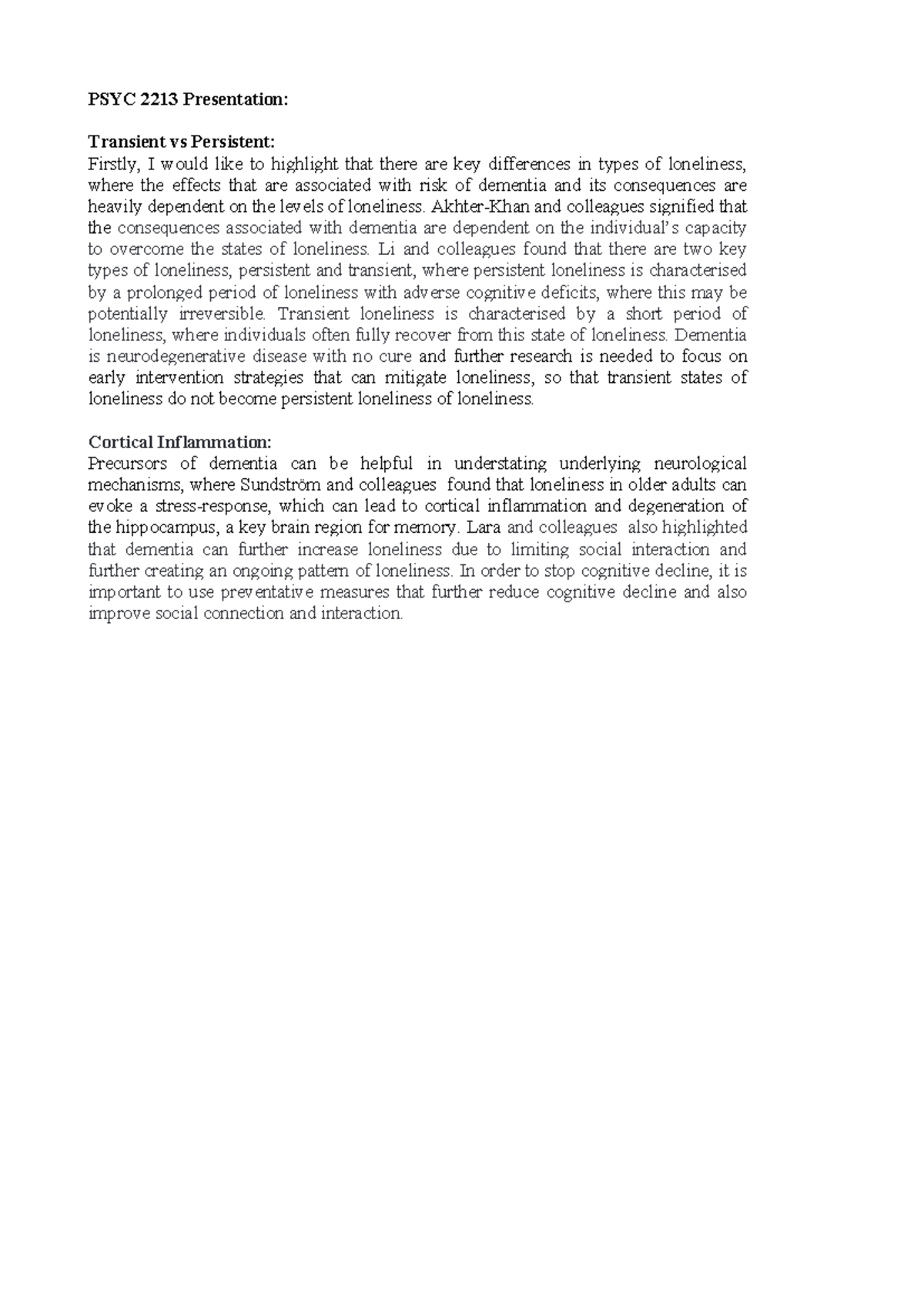 Presentation Speech and Summaries - PSYC 2213 Presentation: Transient ...