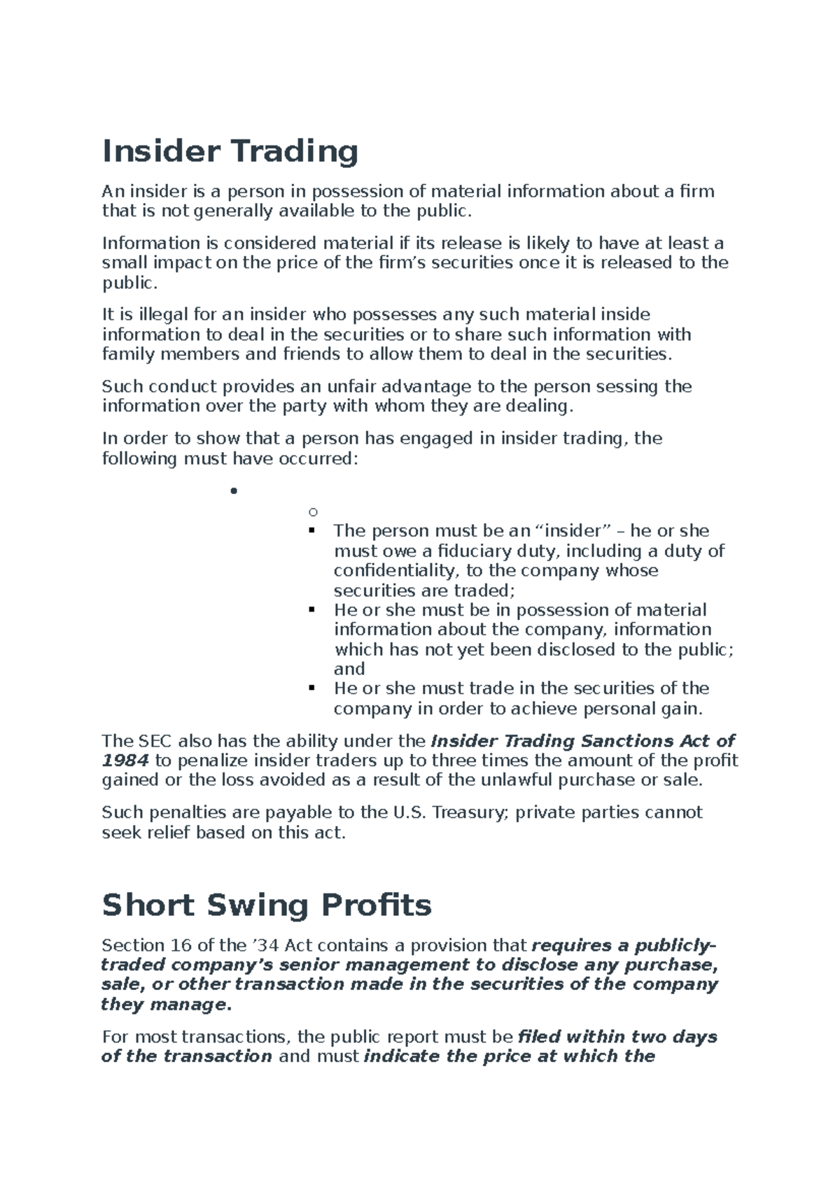 Insider trading and short swing profits - Insider Trading An insider is ...