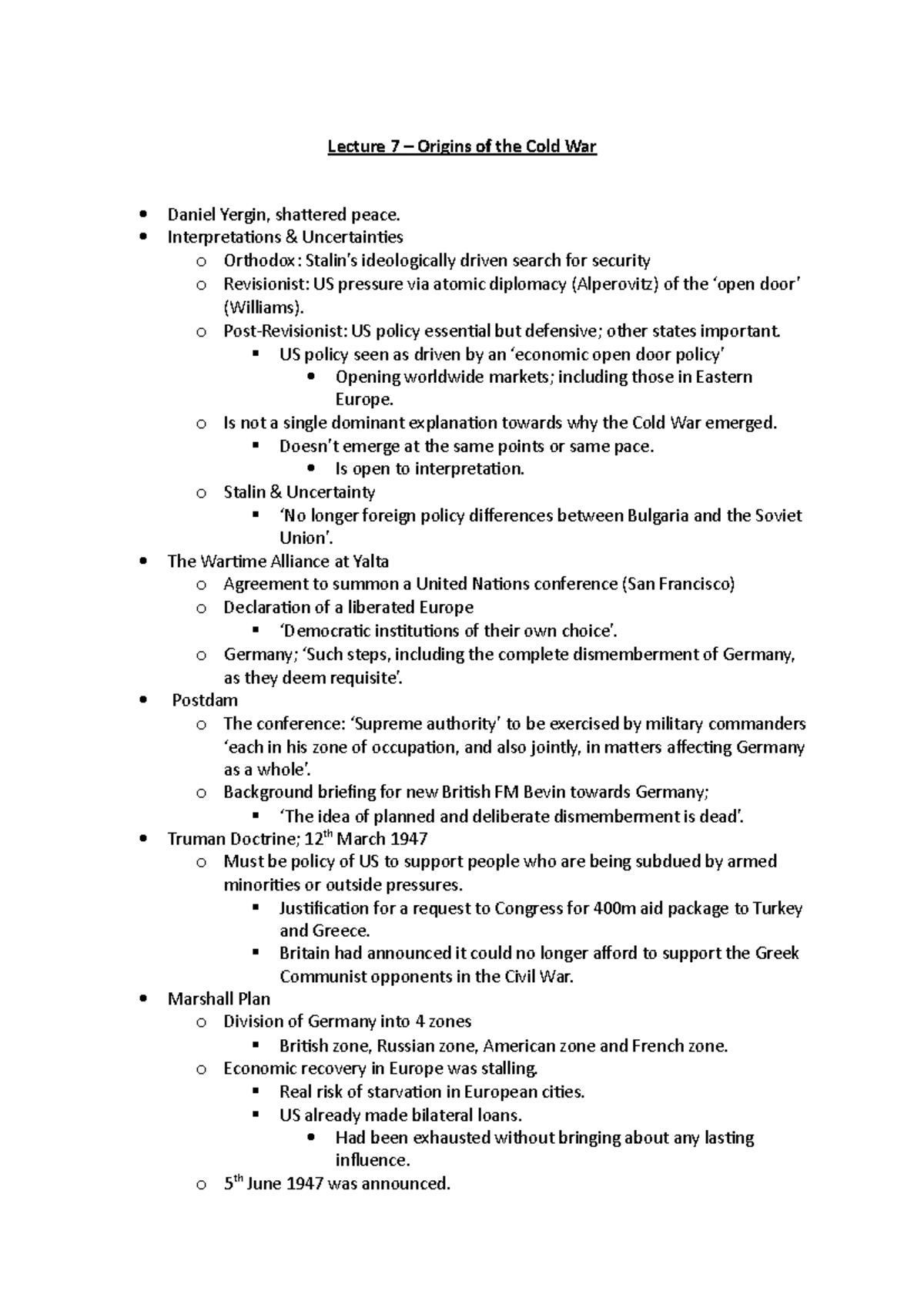 L7–Origins of the Cold War - Lecture 7 – Origins of the Cold War Daniel ...