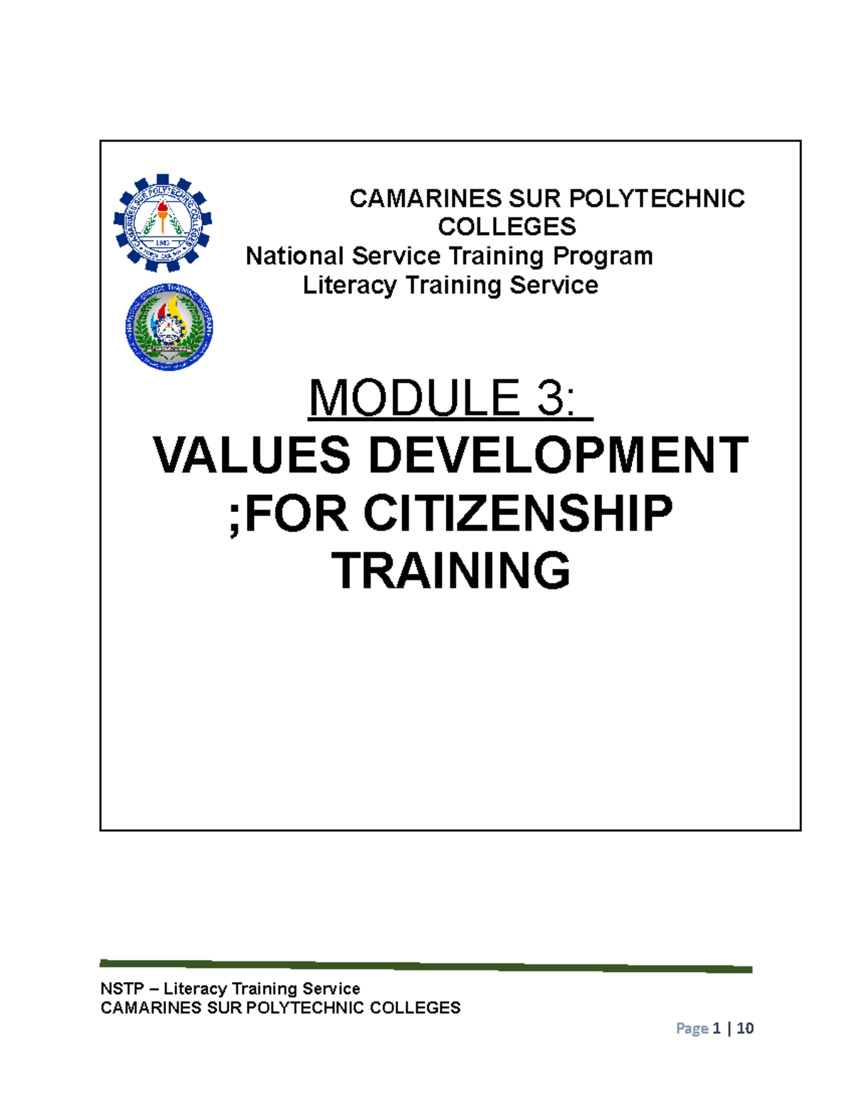 Module 3 Values Development for Citizenship Training - NSTP – Literacy ...