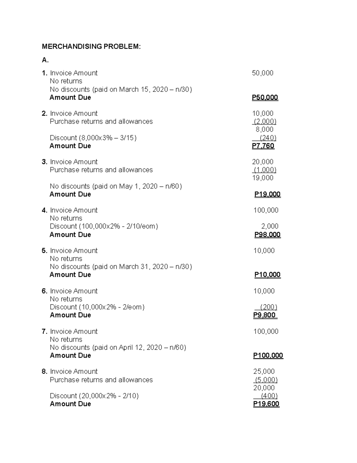 Merchandising Problem - MERCHANDISING PROBLEM: A. Invoice Amount 50, No ...