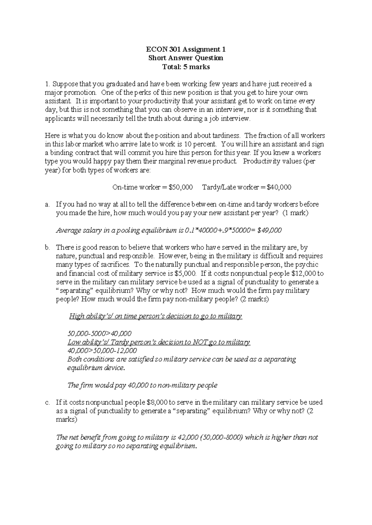 Short Answer question Solution - ECON 301 Assignment 1 Short Answer ...