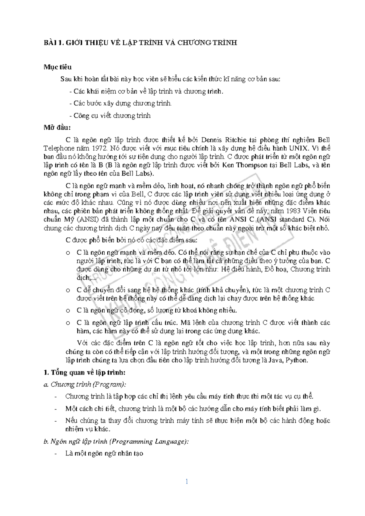 [[TONG HOP lap trinh c - Tài liệu lập trình C cơ bản - BÀI 1. GIỚI THIỆU VỀ LẬP TRÌNH VÀ CHƯƠNG ...
