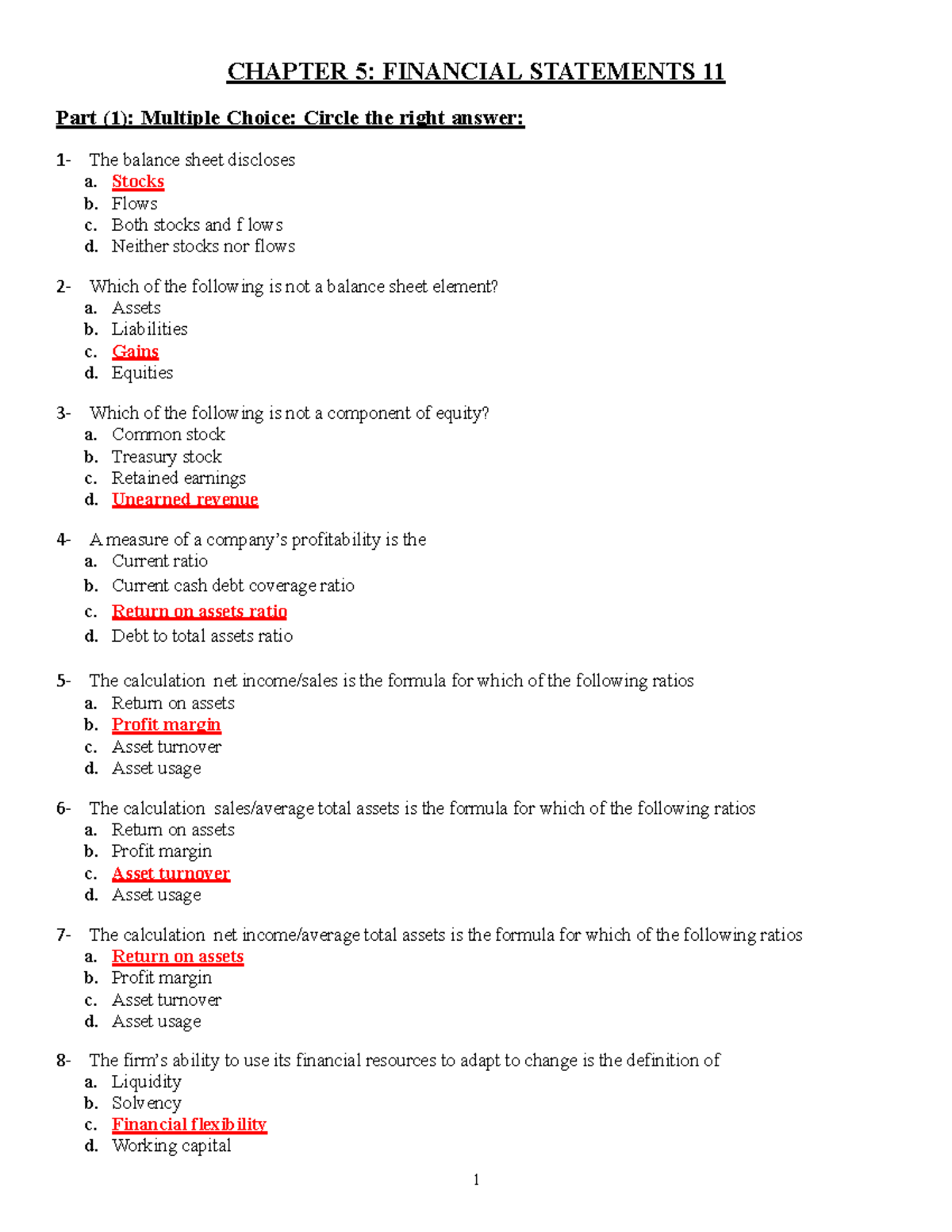 CH 5 Financial Statements 11 - 1 CHAPTER 5: FINANCIAL STATEMENTS 11 Part (1): Multiple Choice ...