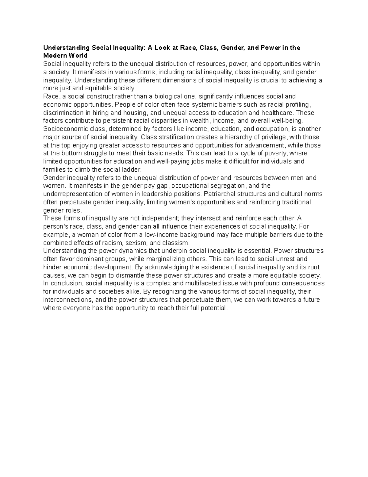 Understanding Social Inequality A Look at Race Class Gender and Power ...
