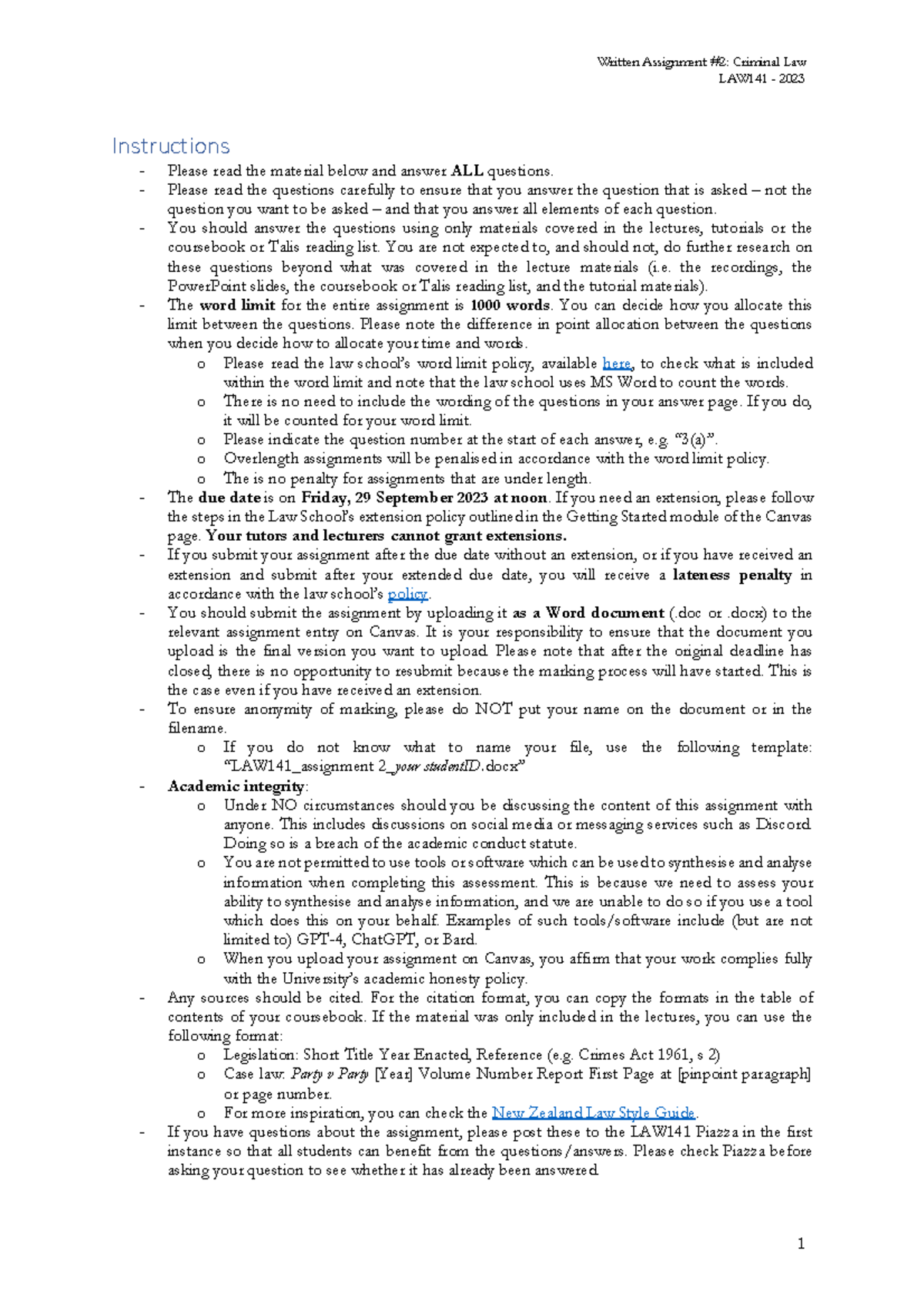 Assignment 2 Criminal Law 2023 - LAW141 - 2023 Instructions Please read ...