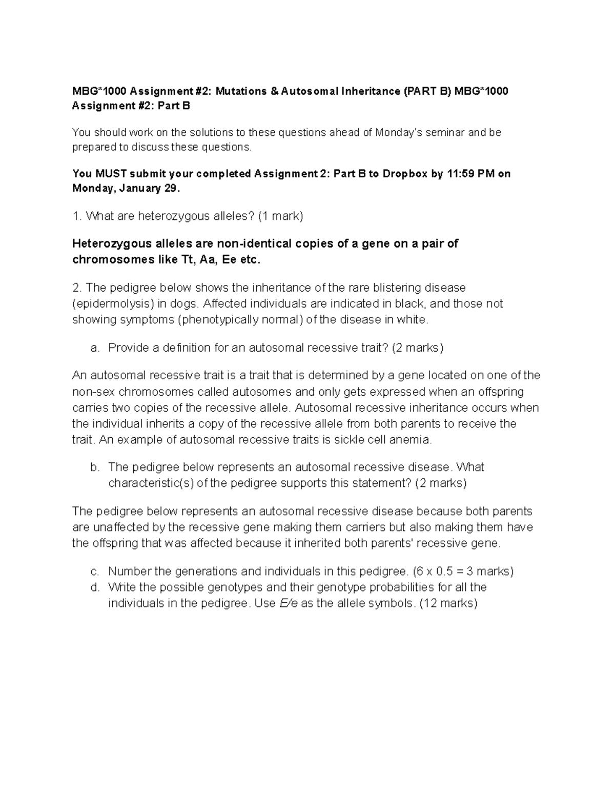 MBG1000Assignment 2Part B - MBG1000 Assignment #2: Mutations & Autosomal Inheritance (PART B ...