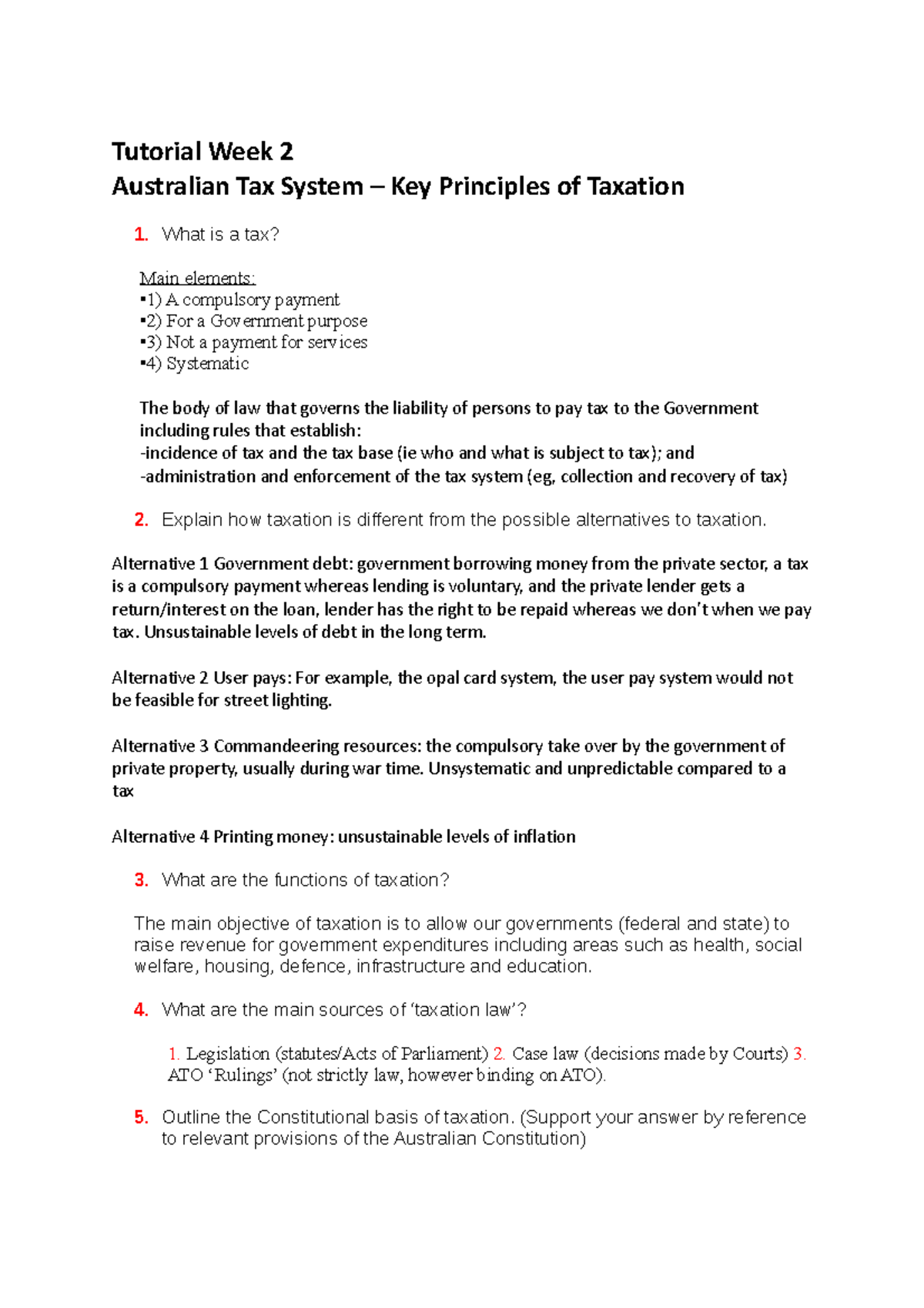 Tutorial Week 2 questions - Tutorial Week 2 Australian Tax System – Key Principles of Taxation ...