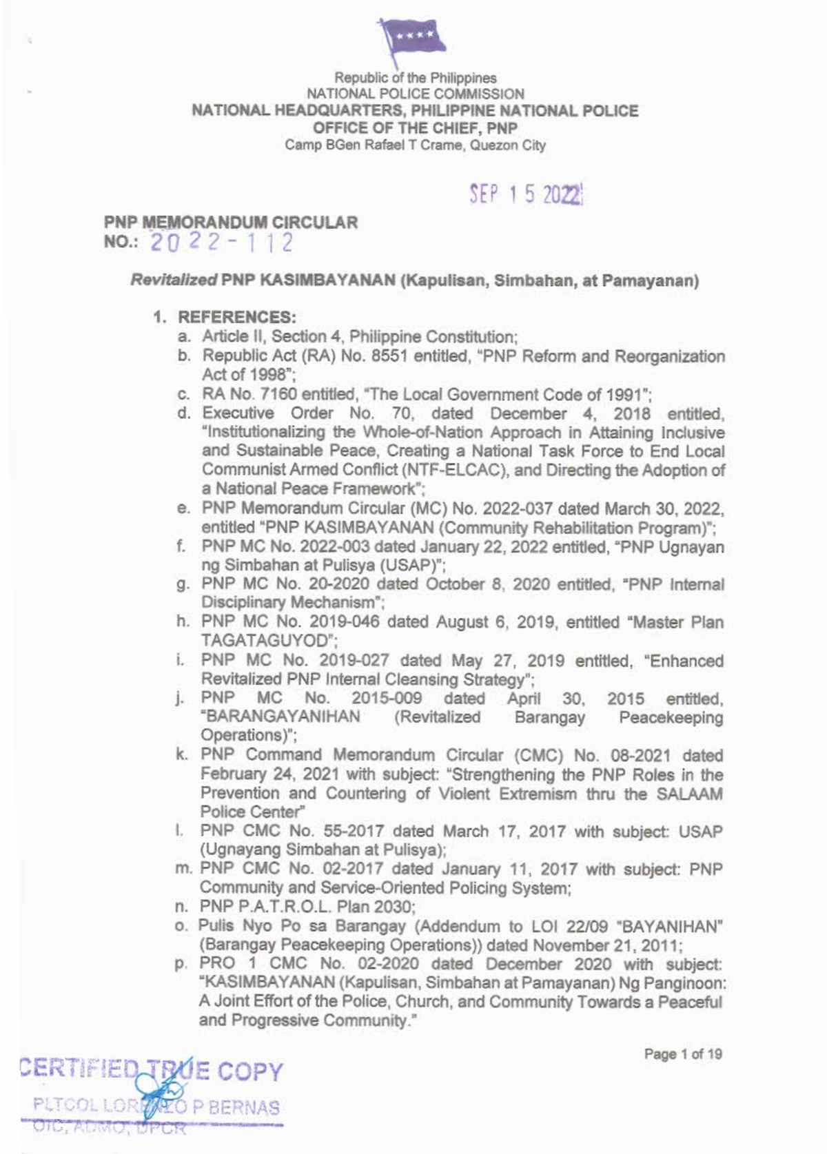 PNP-MC-2022-112 Kasimbayanan - Republic of the Philippines NATIONAL ...