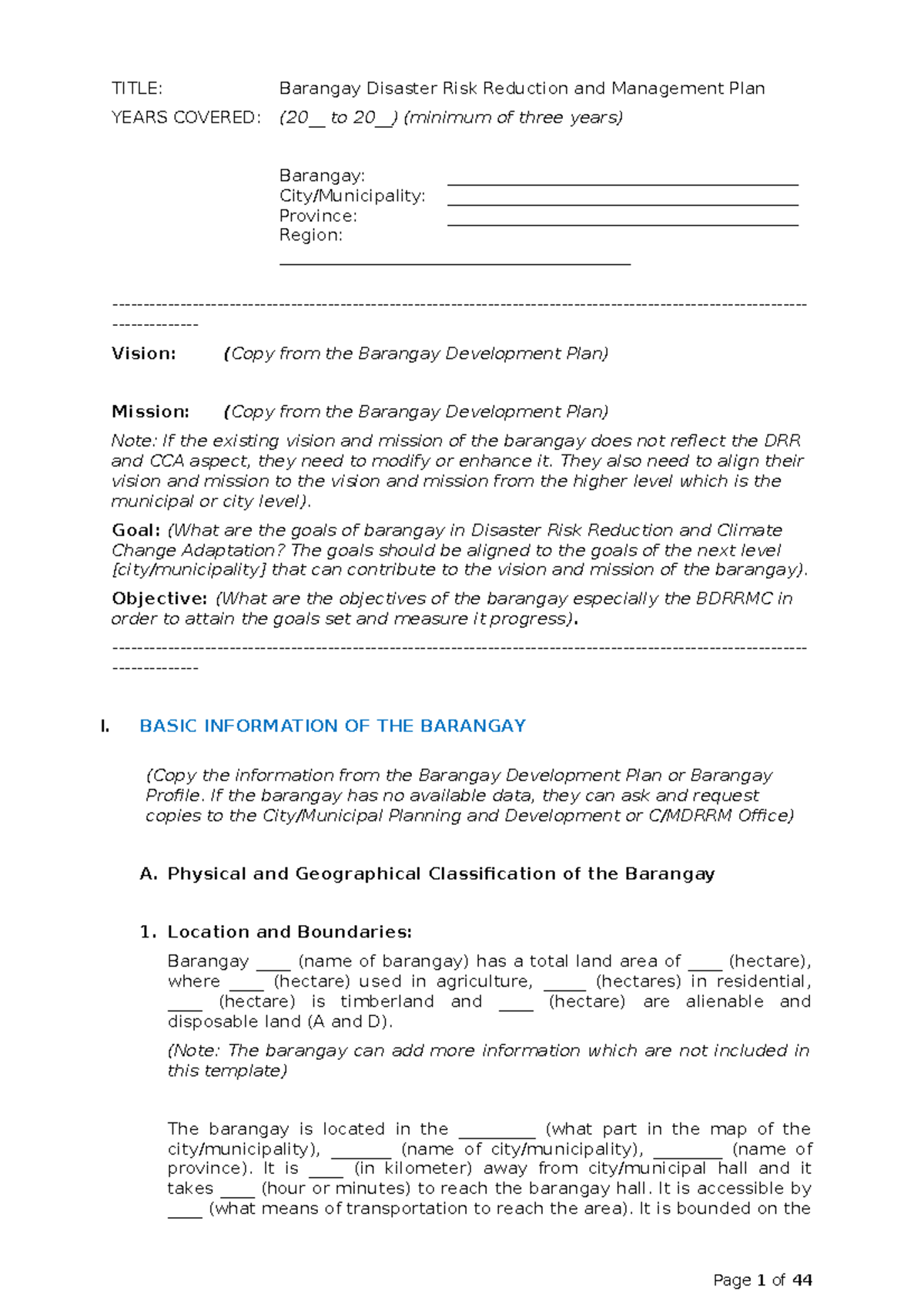 Bdrrm Plan Template English TITLE Barangay Disaster Risk Reduction