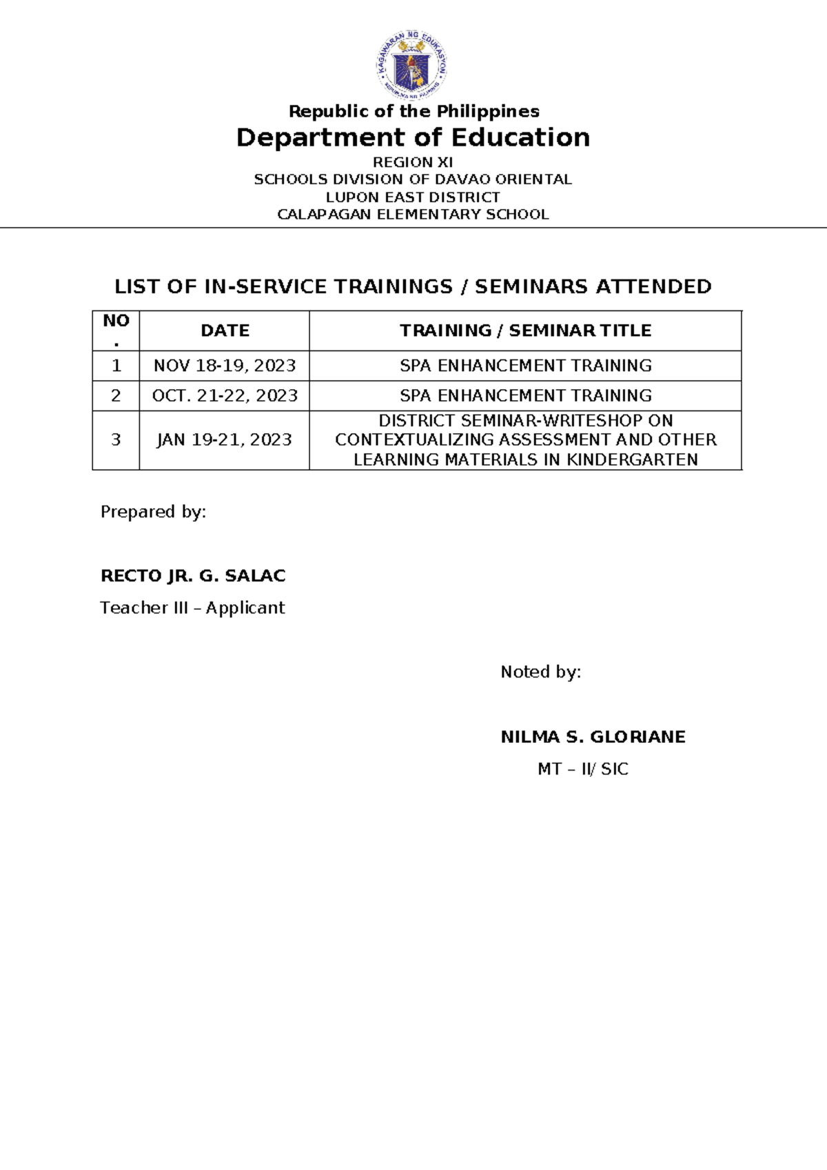 LIST OF Trainings & Seminar FOR Promotion - Republic of the Philippines ...
