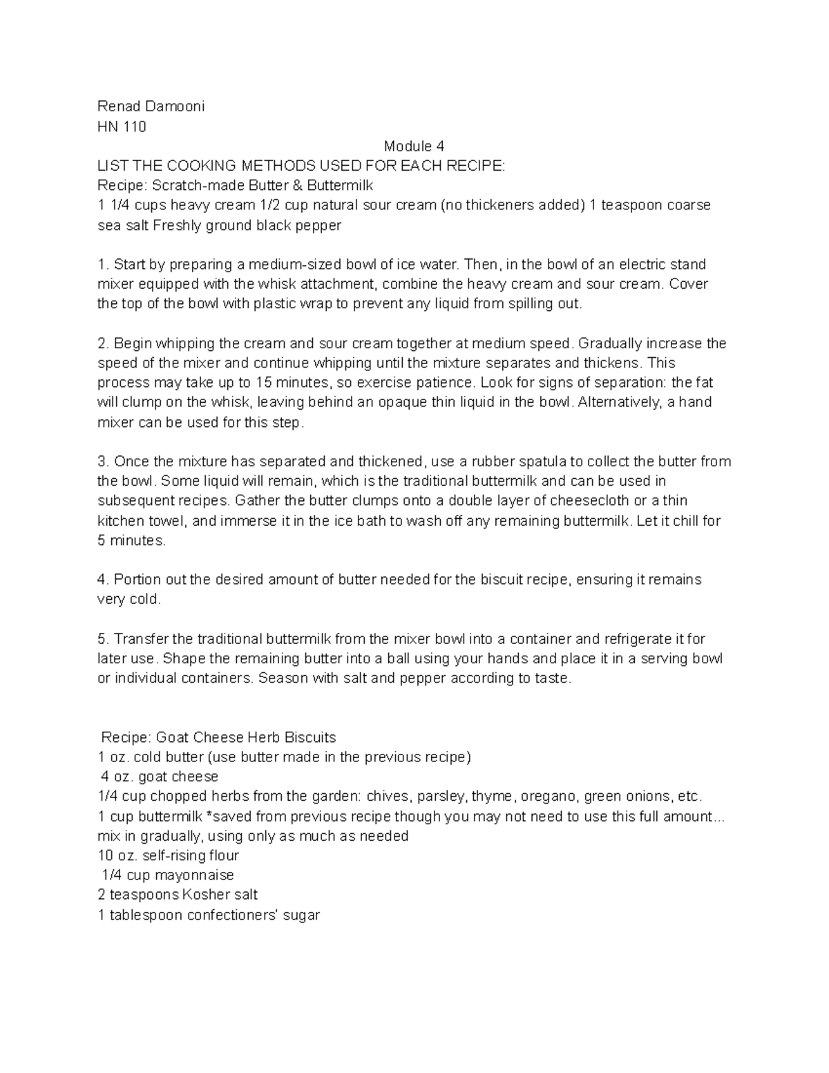 HN 110 Module 4 - labwork - Renad Damooni HN 110 Module 4 LIST THE COOKING METHODS USED FOR EACH ...