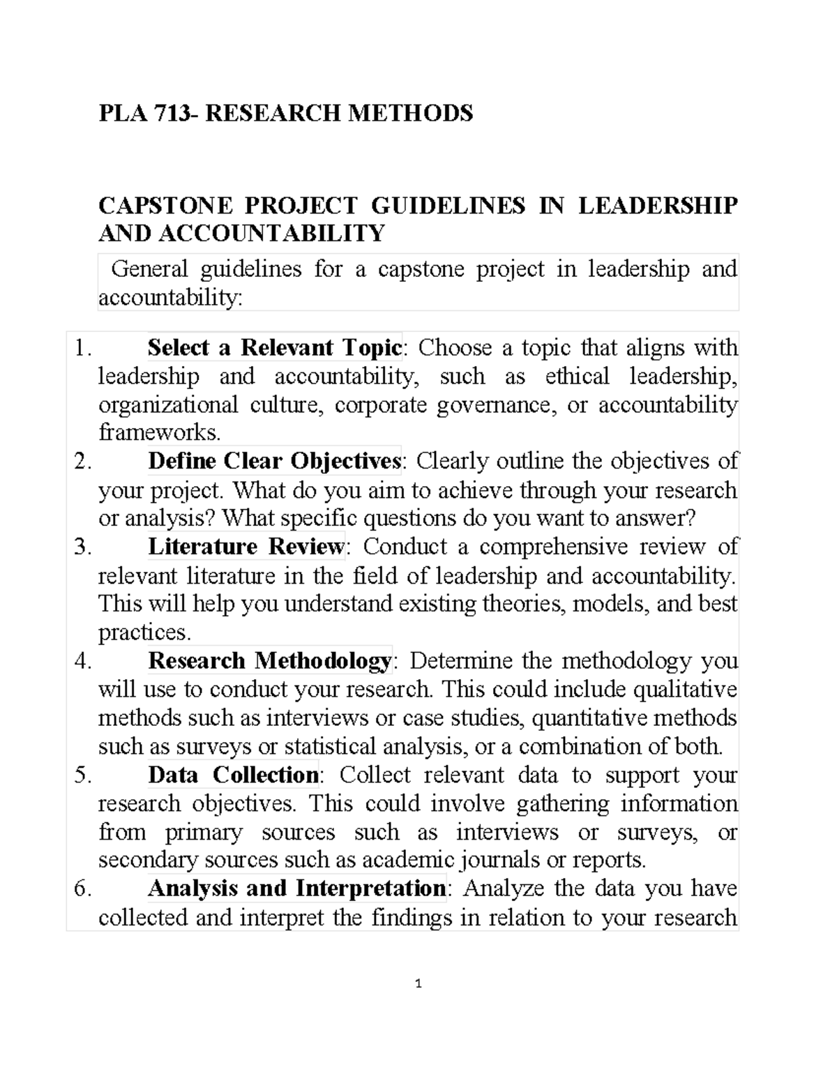 Framework in leadership and accountability - PLA 713- RESEARCH METHODS ...
