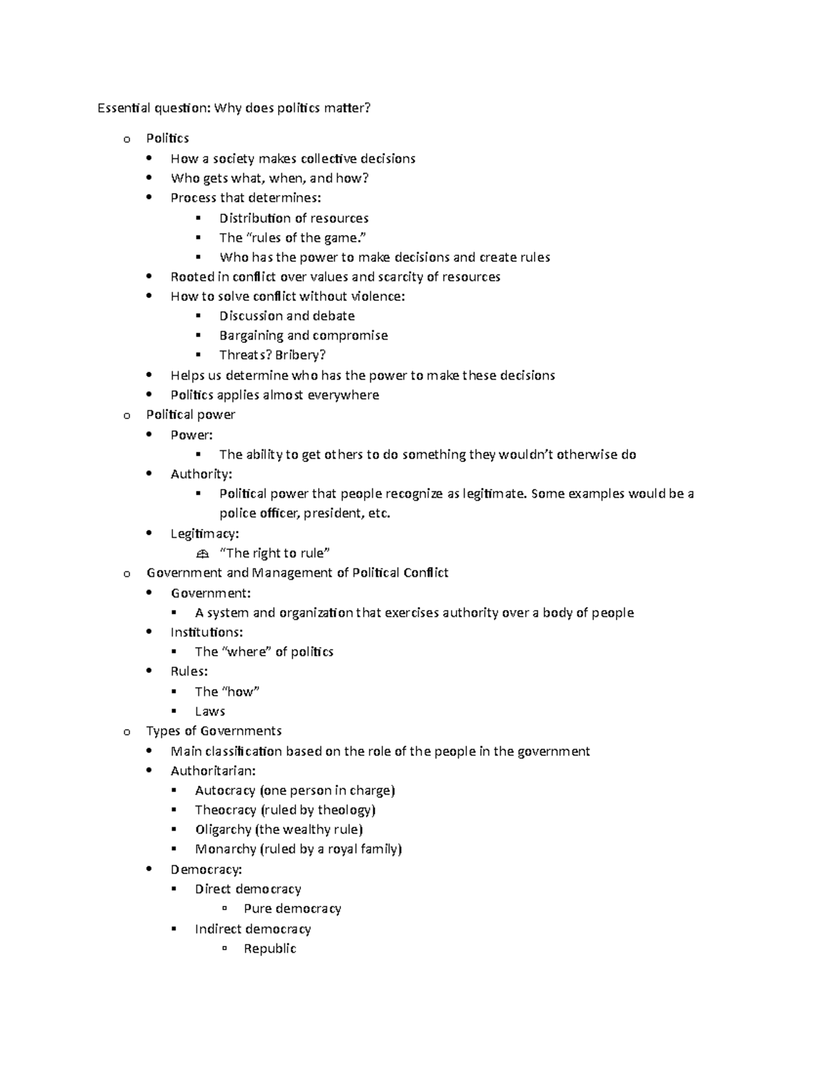 POLS 1100 - Politics & Citizenship - Essential question: Why does ...