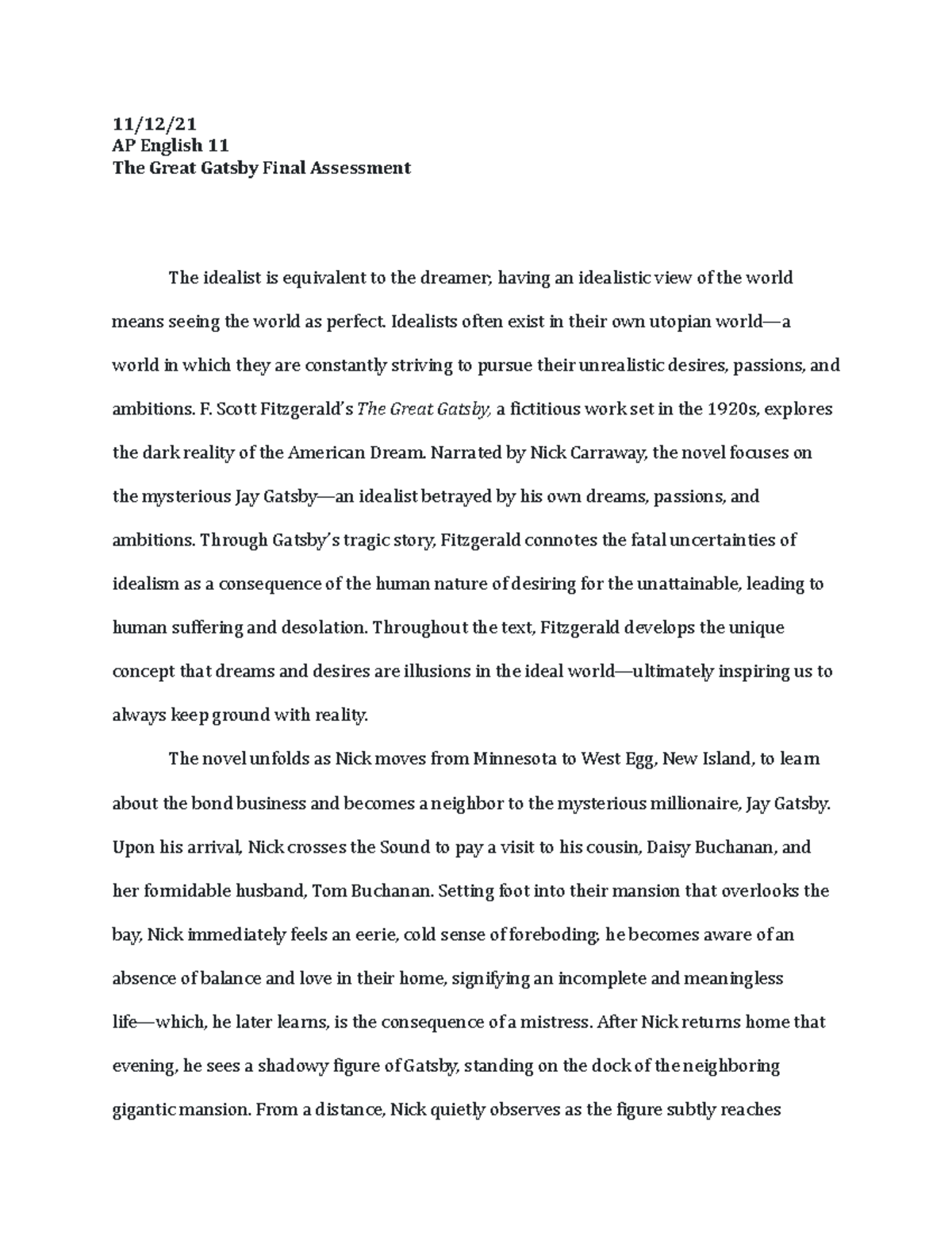 The Great Gatsby Final Assessment [ Final] - 11/12/ AP English 11 The ...