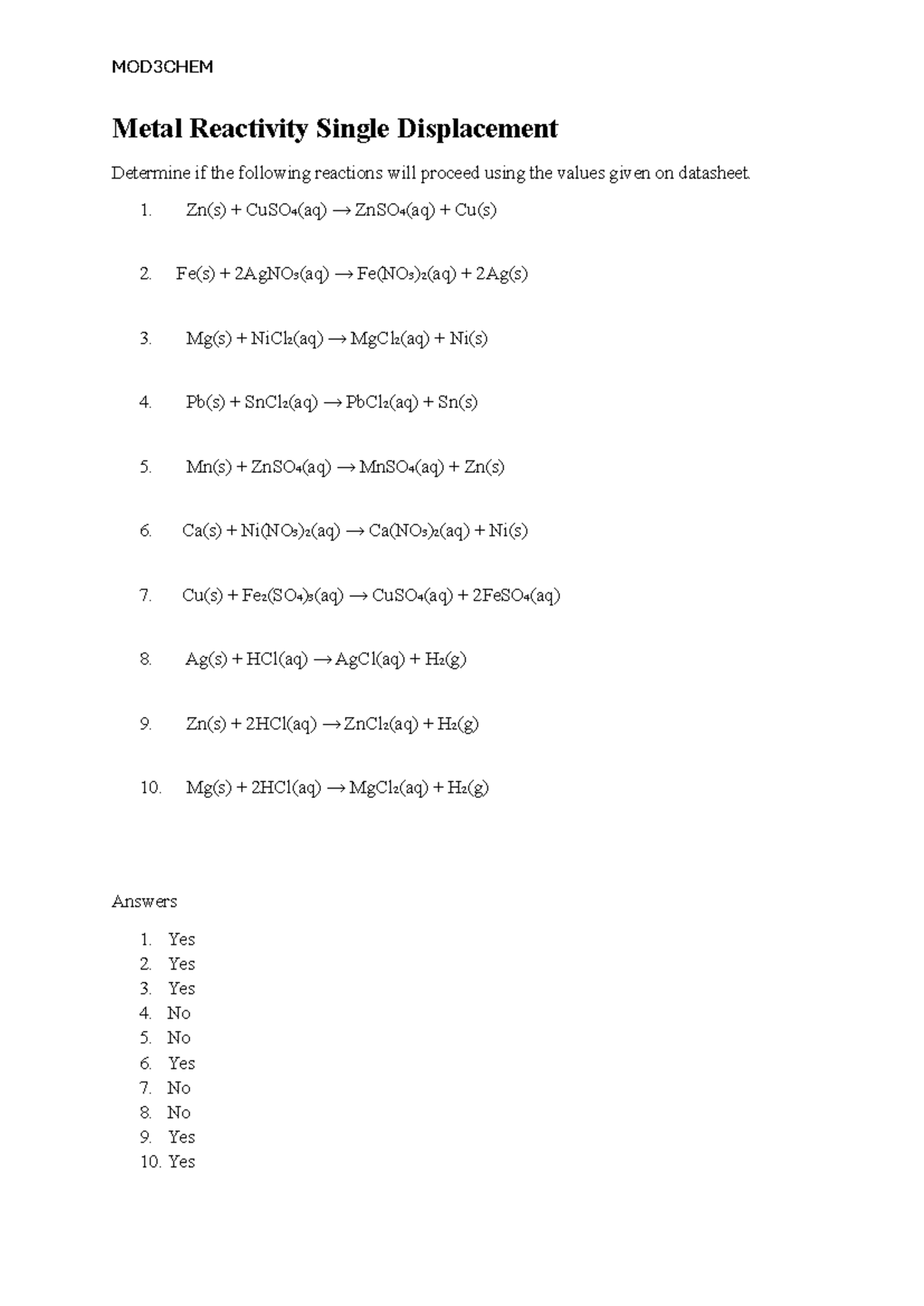 mod 3 metal reactivity single displacement worksheet - MOD3CHEM Metal ...