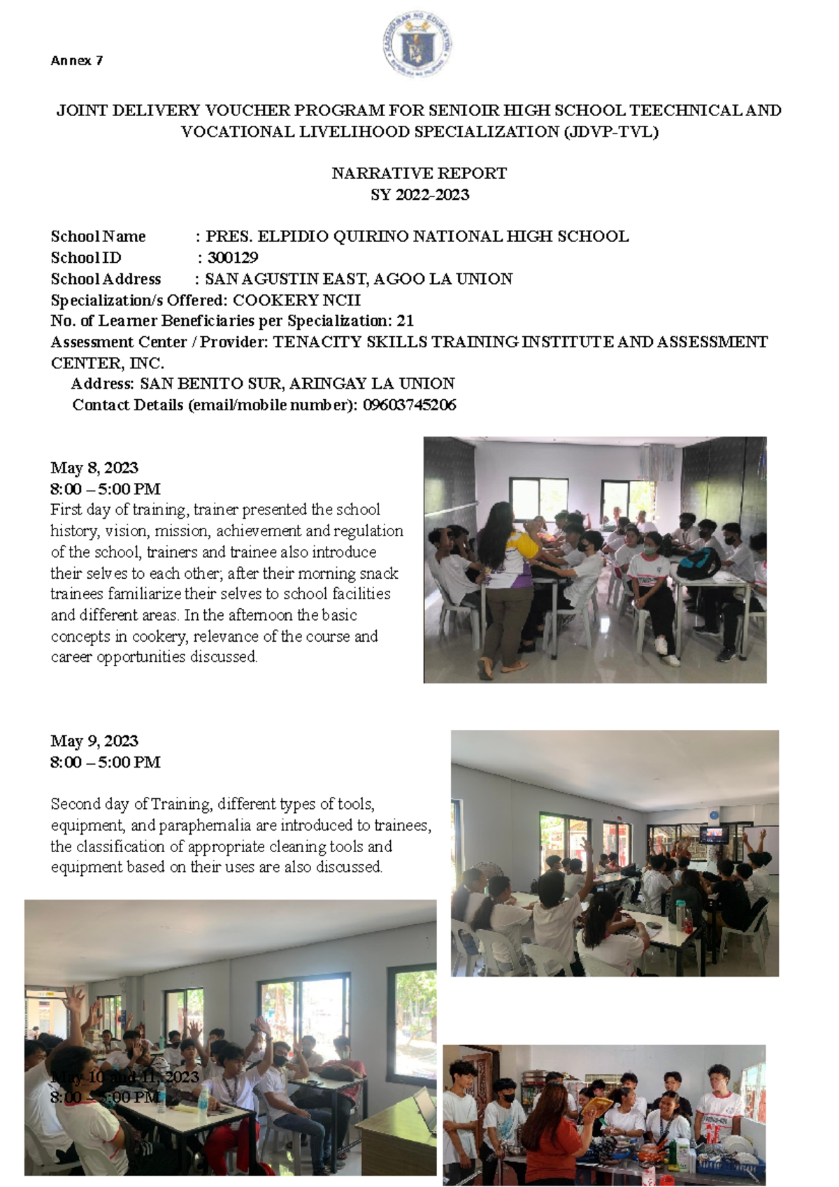 Narrative Report - JOINT DELIVERY VOUCHER PROGRAM FOR SENIOIR HIGH ...