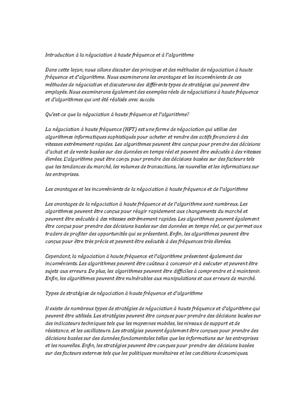 High Frequency Trading and Algorithmic Trading note study ...