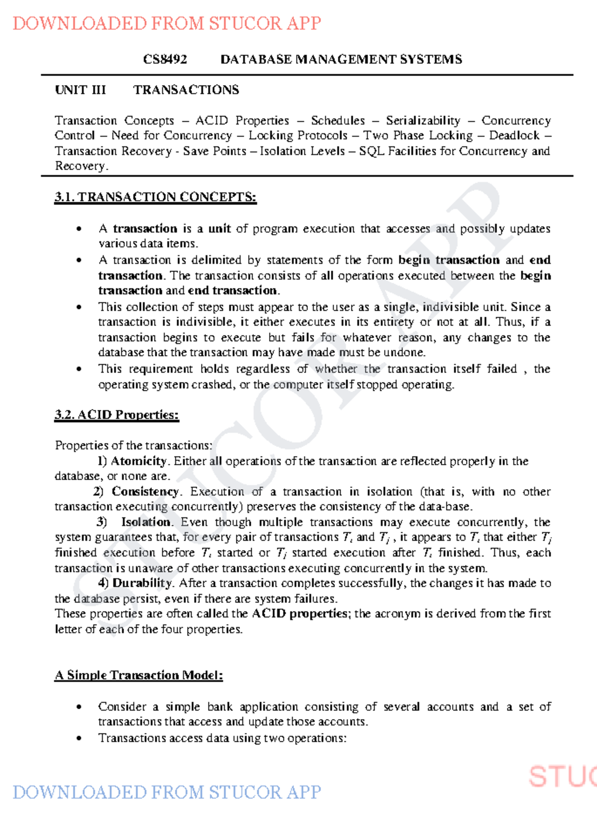 UNIT 3 - Transacation - CS8492 DATABASE MANAGEMENT SYSTEMS UNIT III TRANSACTIONS Transaction ...