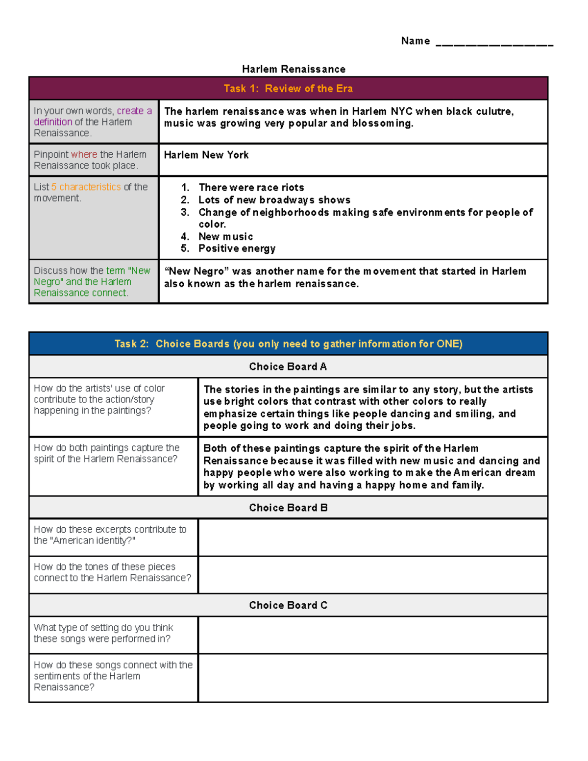 Harlem Renaissance Choice Boards - Name ____________________ Harlem ...