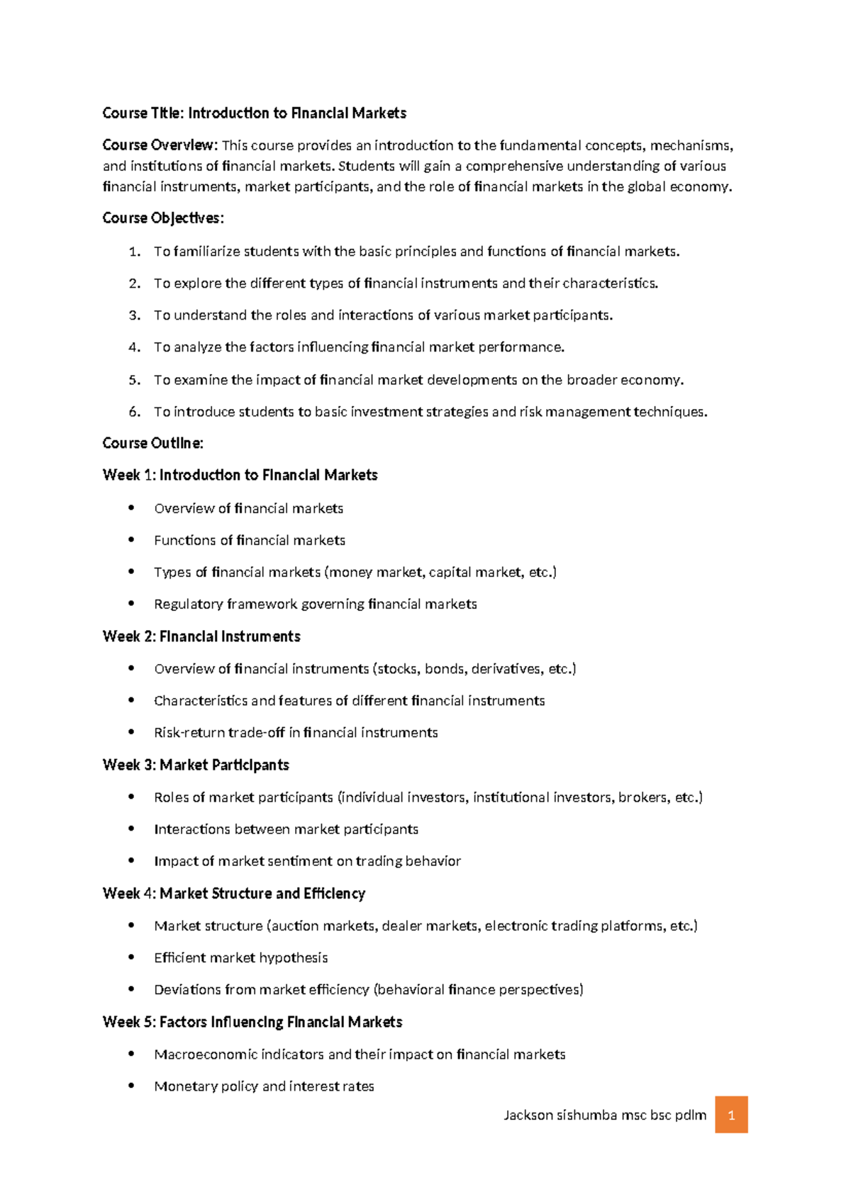 Course outline Introduction to financial markets - Course Title ...