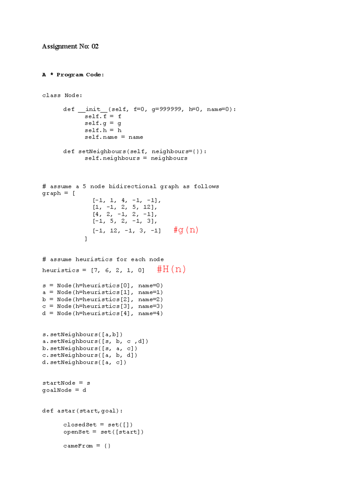 Outputs Added Output - Assignment No: 02 A * Program Code: class Node ...