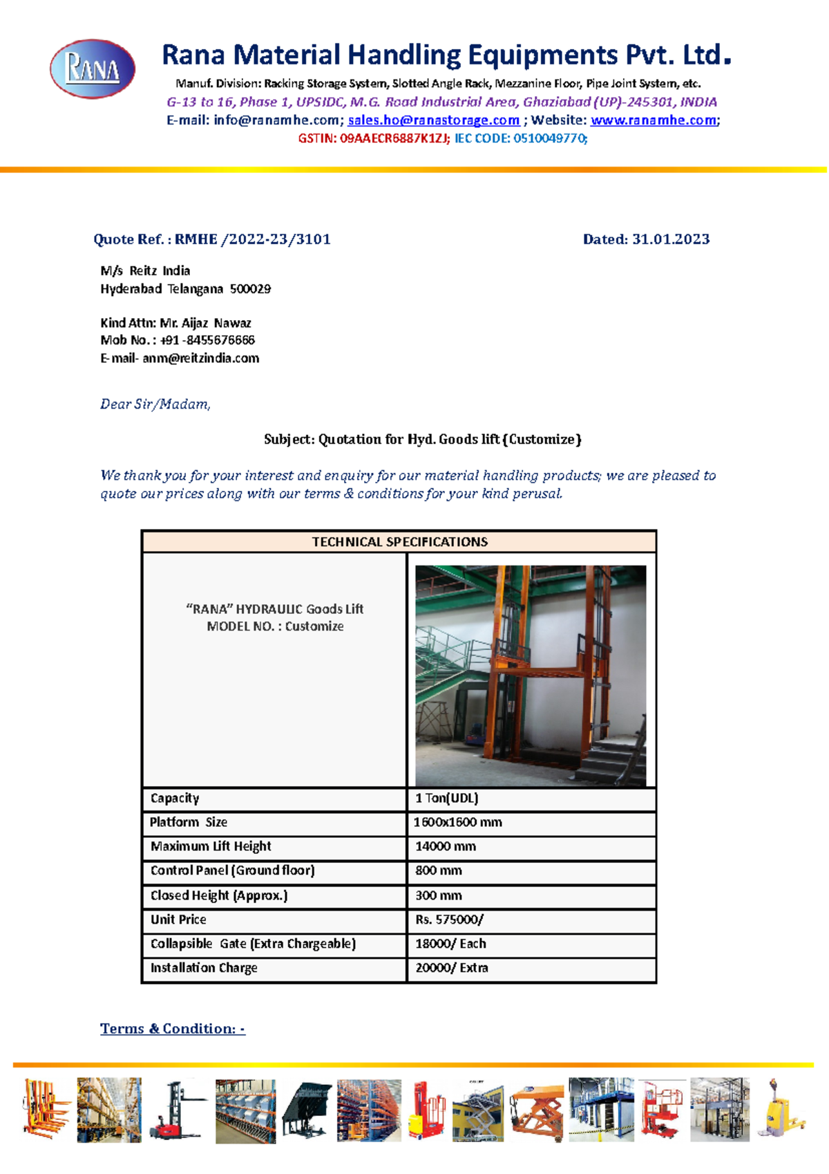 RANA MHE - Quote - Reitz India Limited Goods LIFT - Manuf. Division ...