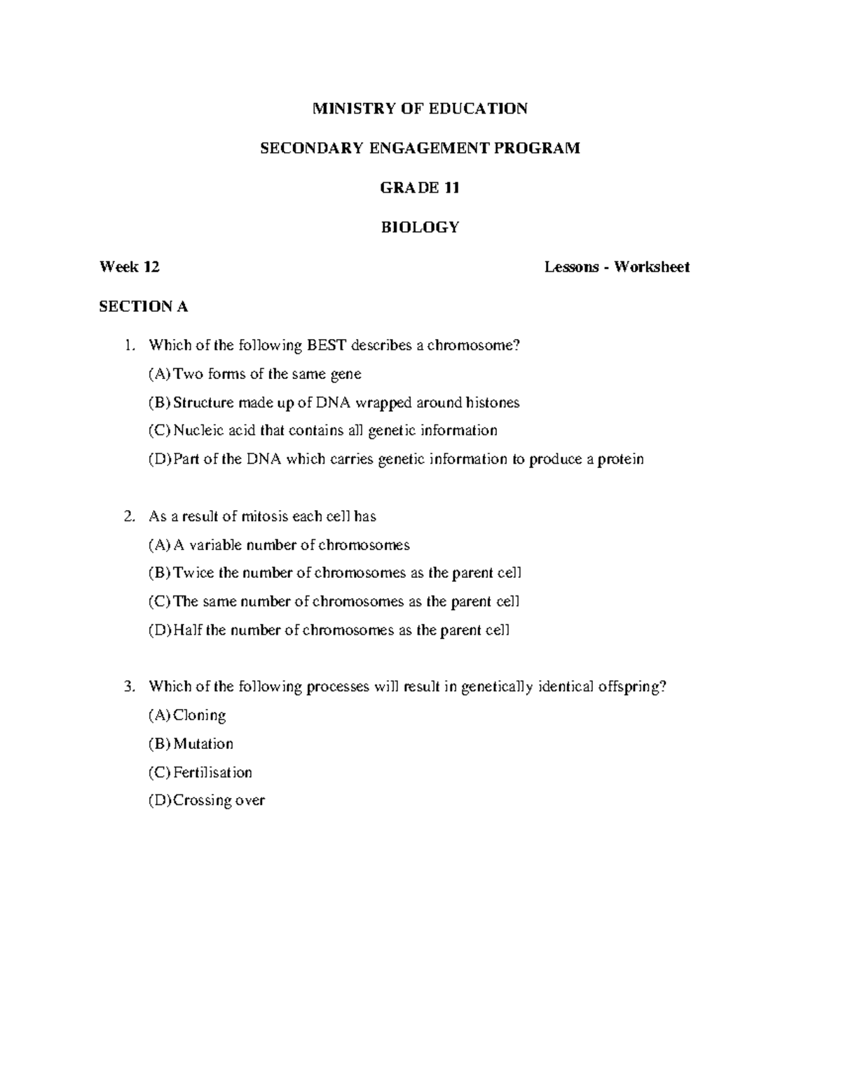 Grade 11 Biology Week 12 Lesson 1 And 2 Worksheet 1 And Solutions