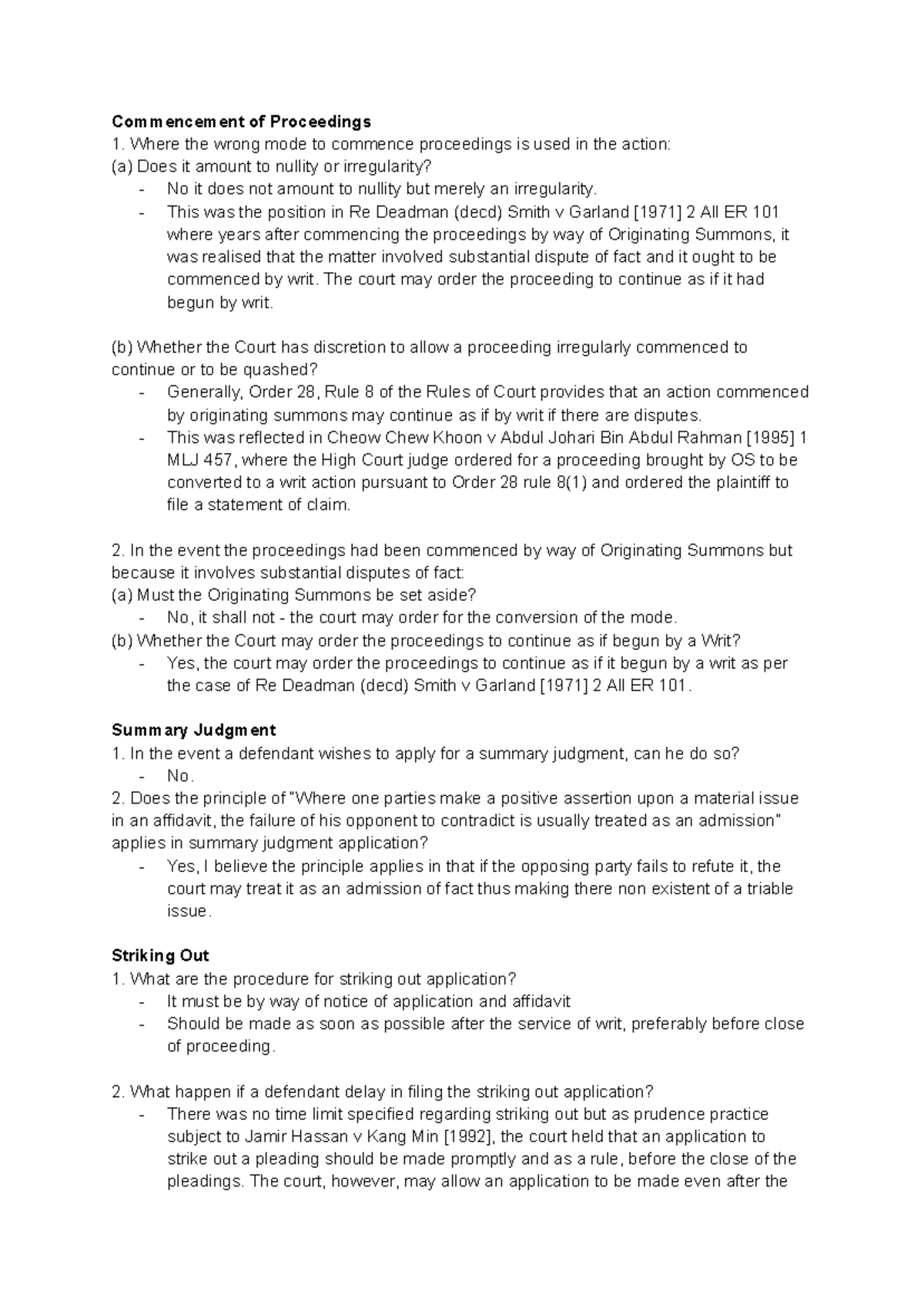Exercise on Civil Procedure - Commencement of Proceedings Where the ...