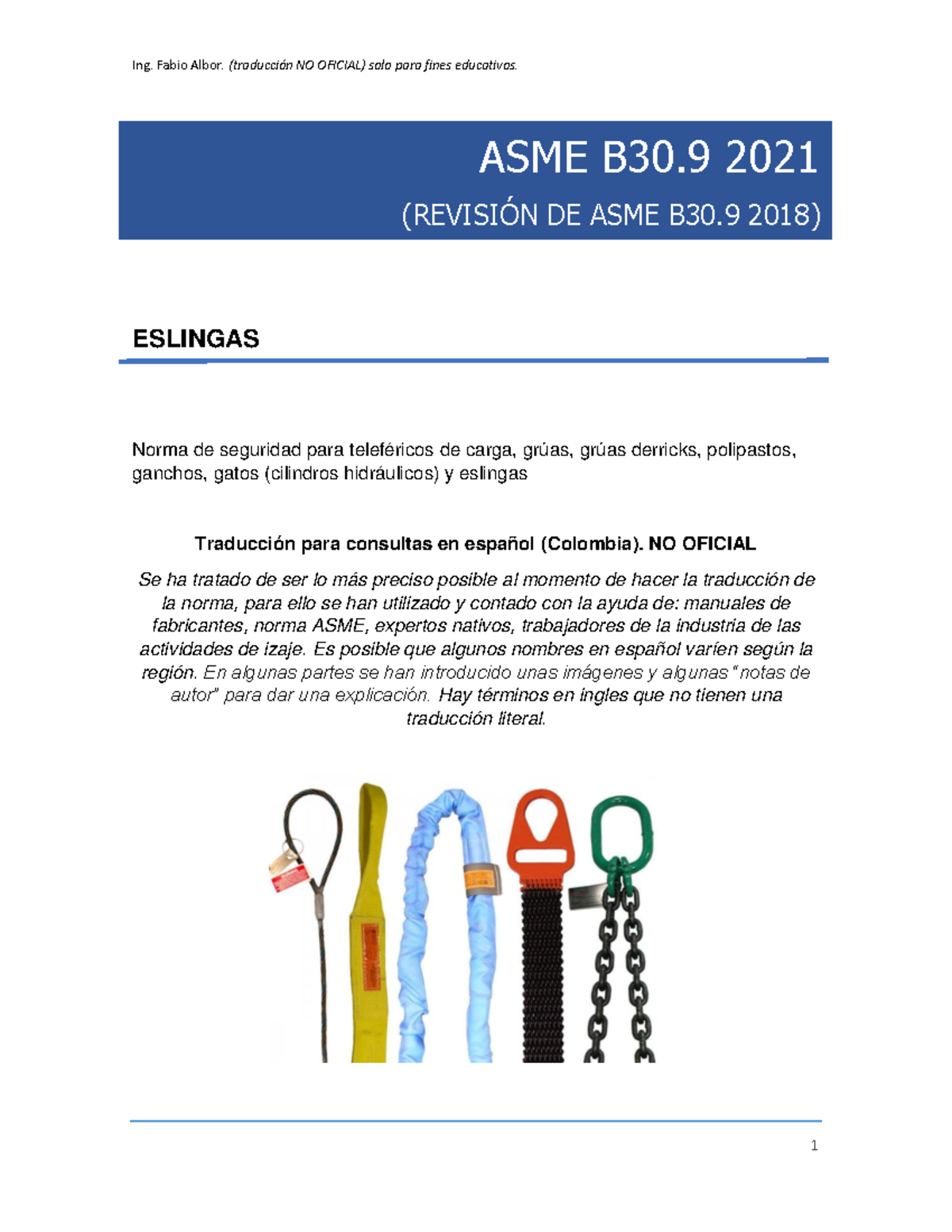 ASME B30.9 - 2018 Eslingas EspañOL 1 - ESLINGAS Norma de seguridad para teleféricos de carga ...