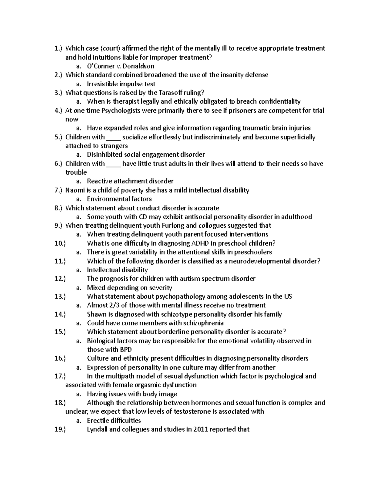 Psych exam review - 1.) Which case (court) affirmed the right of the ...