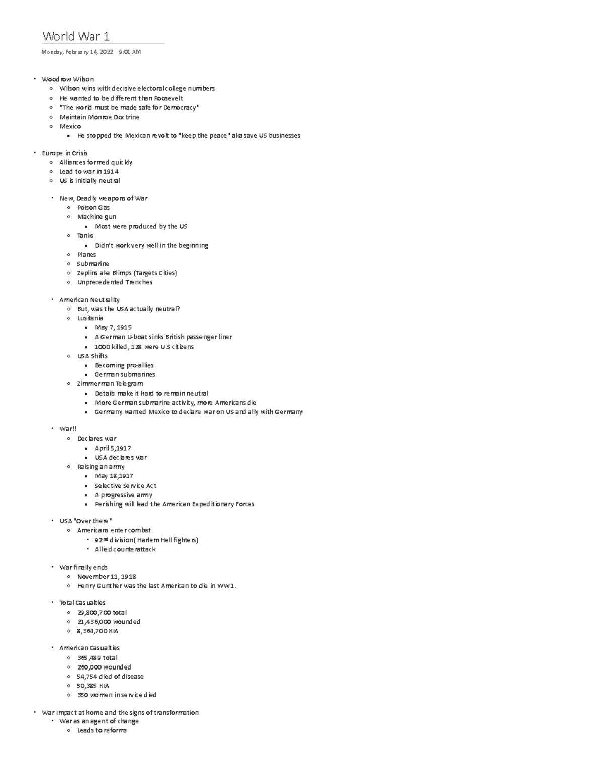 World War 1 - World War 1 Monday, February 14, 2022 9:01 AM Woodrow ...