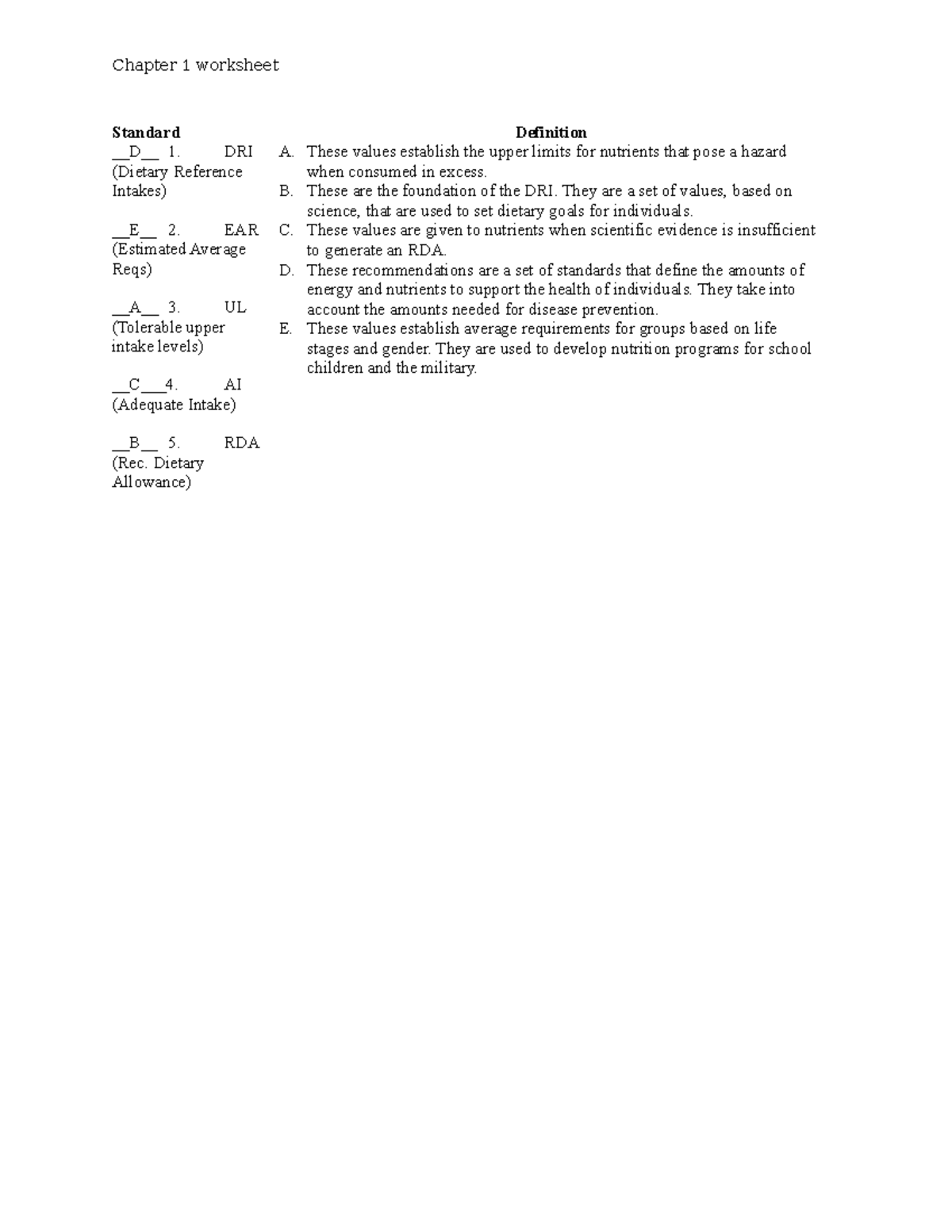 Terminology worksheet - Chapter 1 worksheet Standard Definition D 1 ...