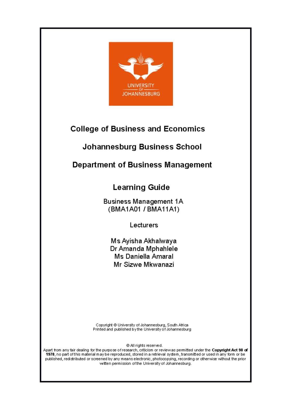 Business Managment 1A - Learning Guide (2022) - College of Business and ...