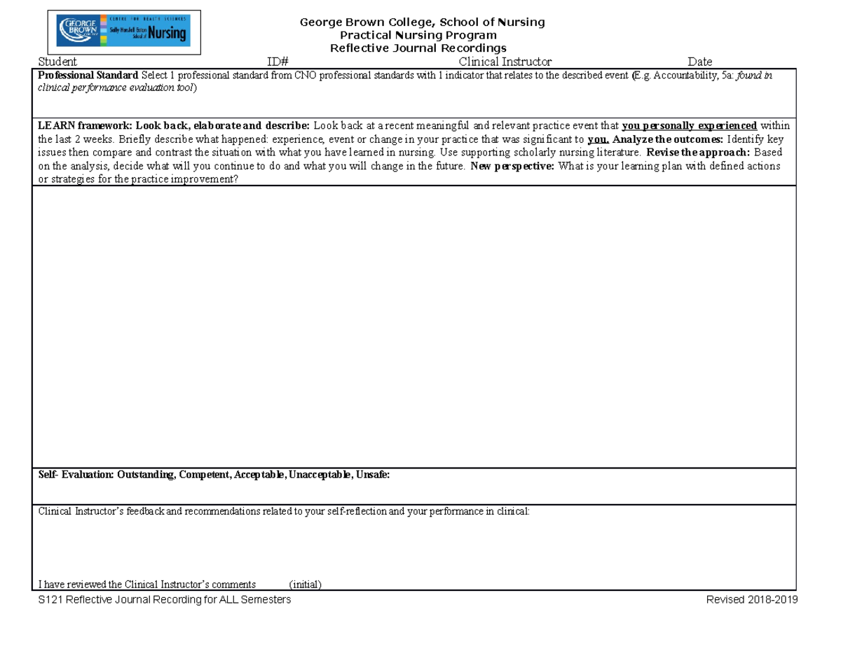 Reflection Journal - George Brown College, School of Nursing Practical ...