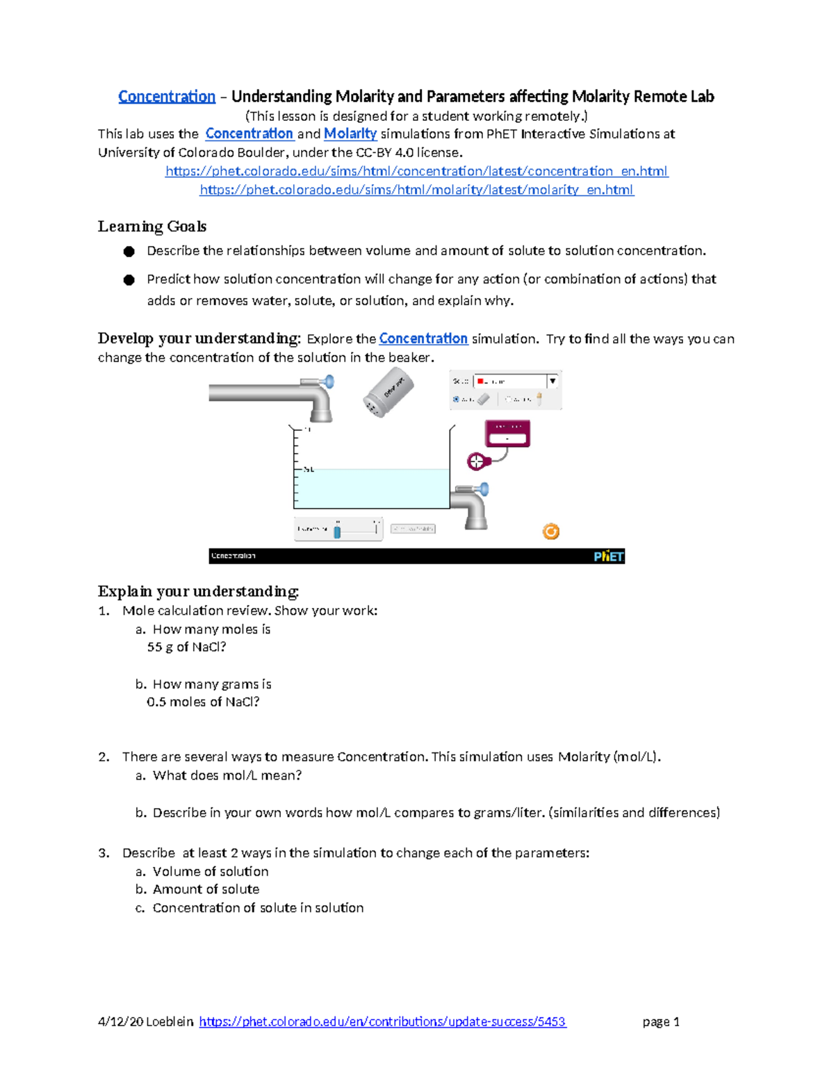 Molarity p HET Simulation Worksheet - Concentration – Understanding Molarity and Parameters ...
