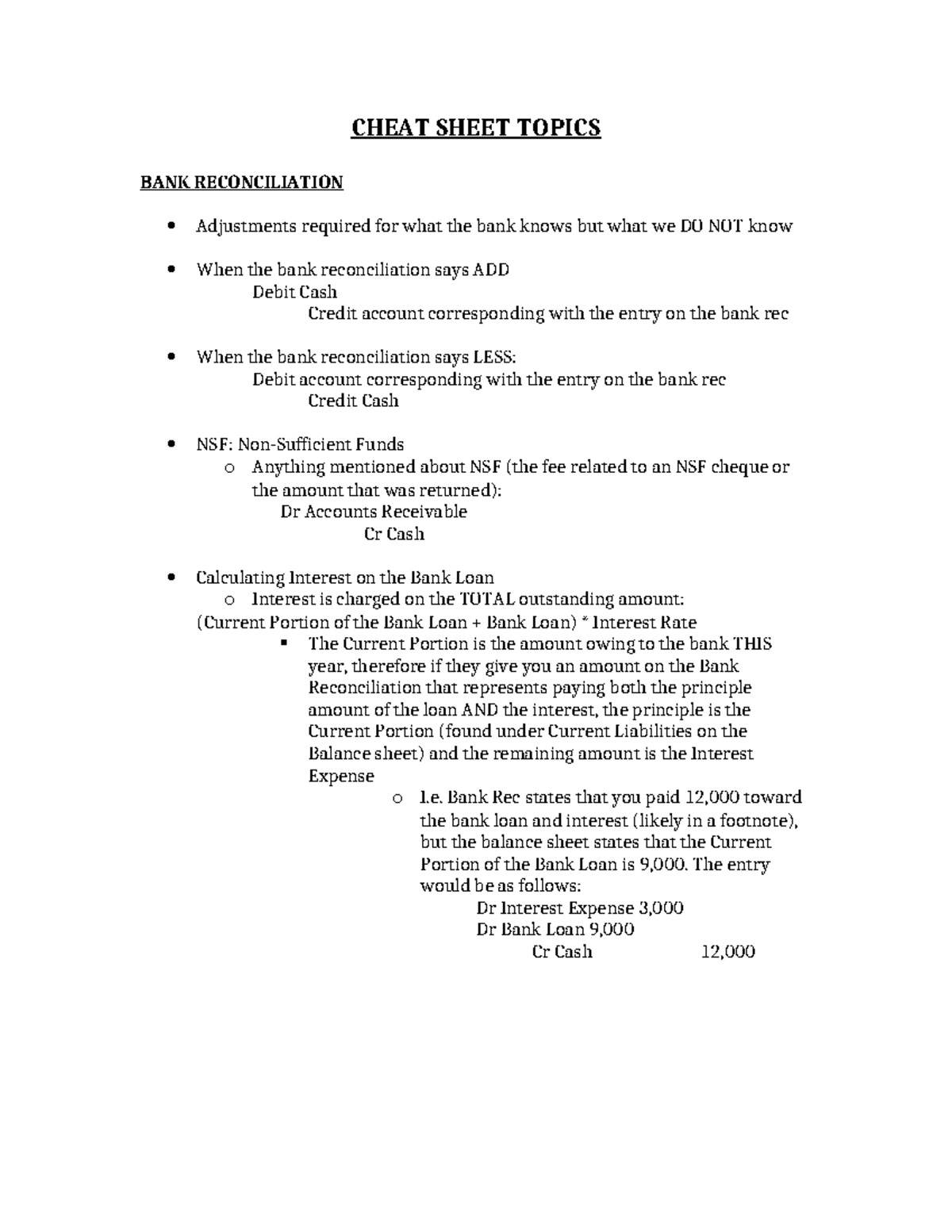 Cheat Sheet Topics - CHEAT SHEET TOPICS BANK RECONCILIATION Adjustments ...