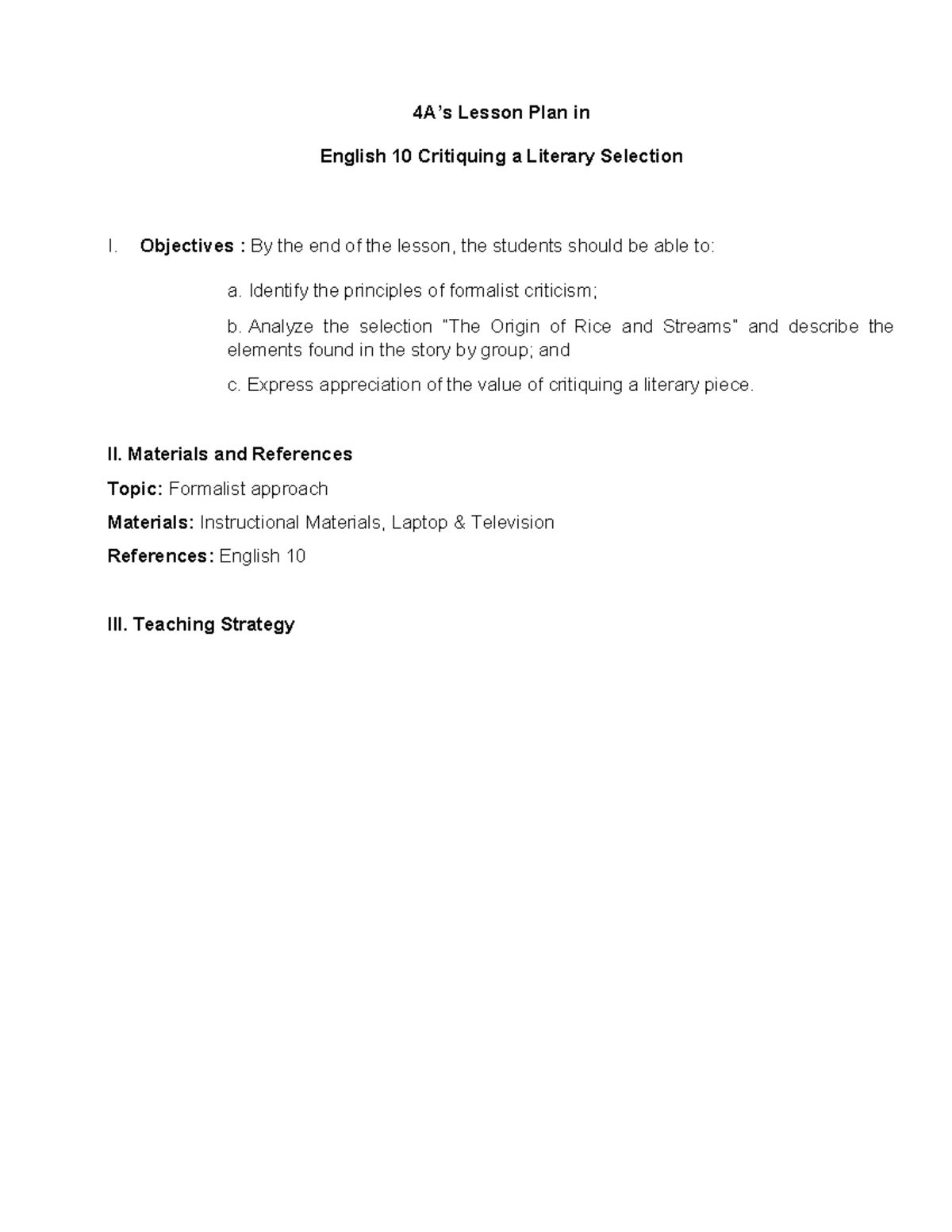 2nd Demo- (English 10) Formalist Approach - Copy - 4A’s Lesson Plan in ...
