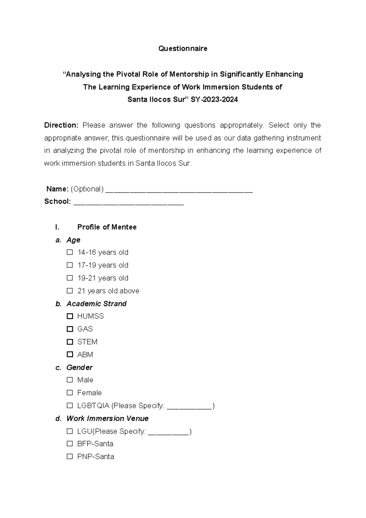 3i-Survey - A sample document only. - Questionnaire “Analysing the ...