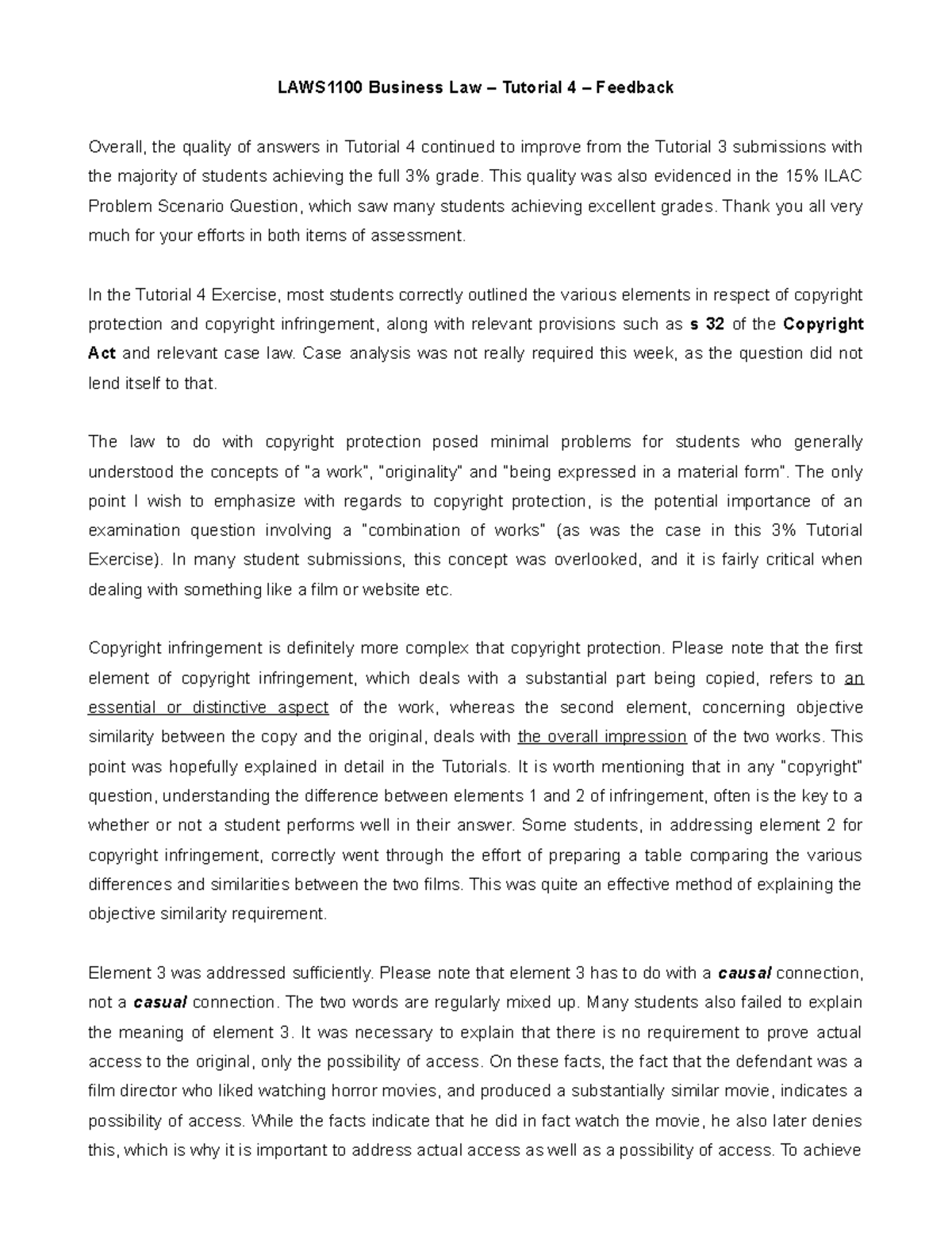 Tutorial 4 - LAWS1100 Business Law – Tutorial 4 – Feedback Overall, the ...