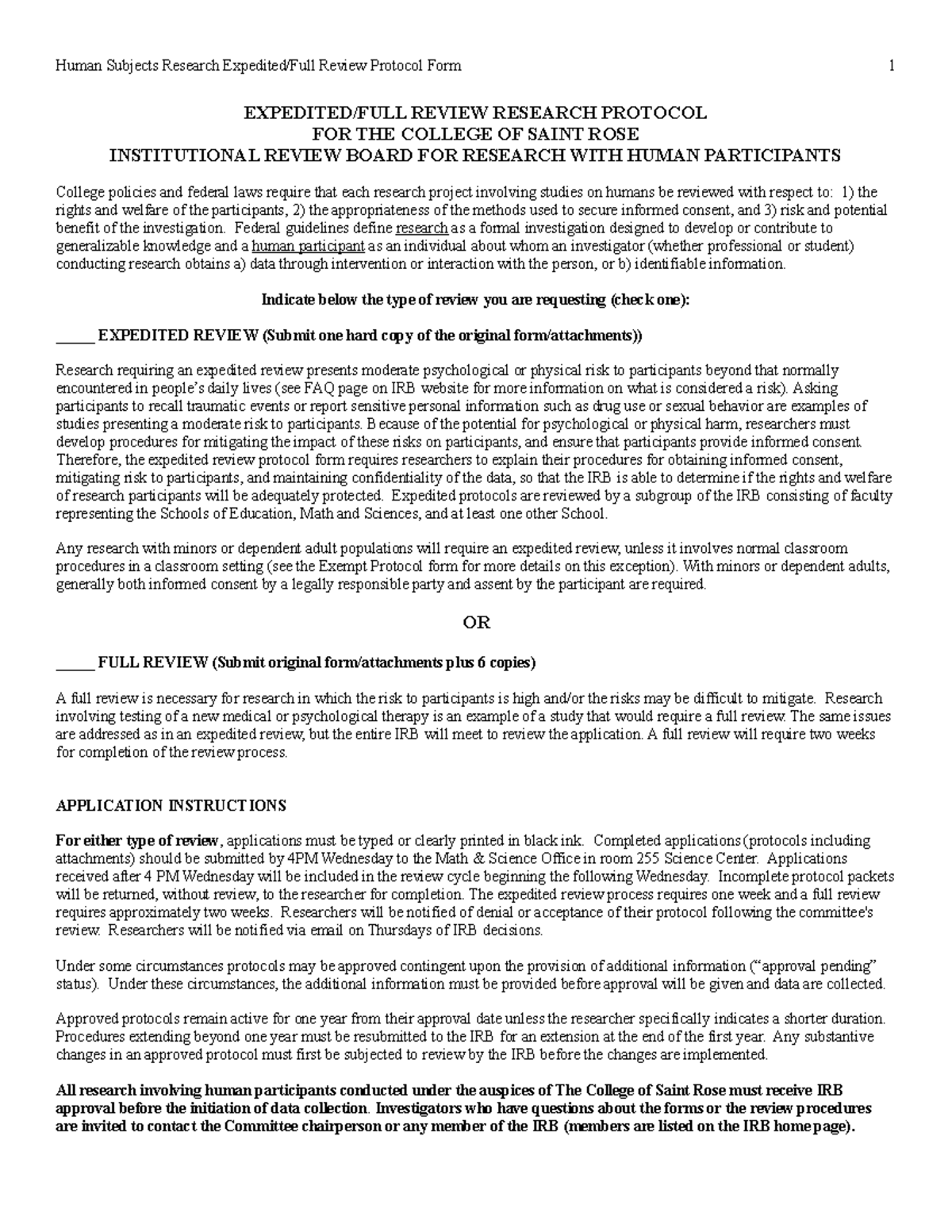 Expedited IRB Form - Human Subjects Research Review Protocol Form 1 REVIEW RESEARCH PROTOCOL FOR ...