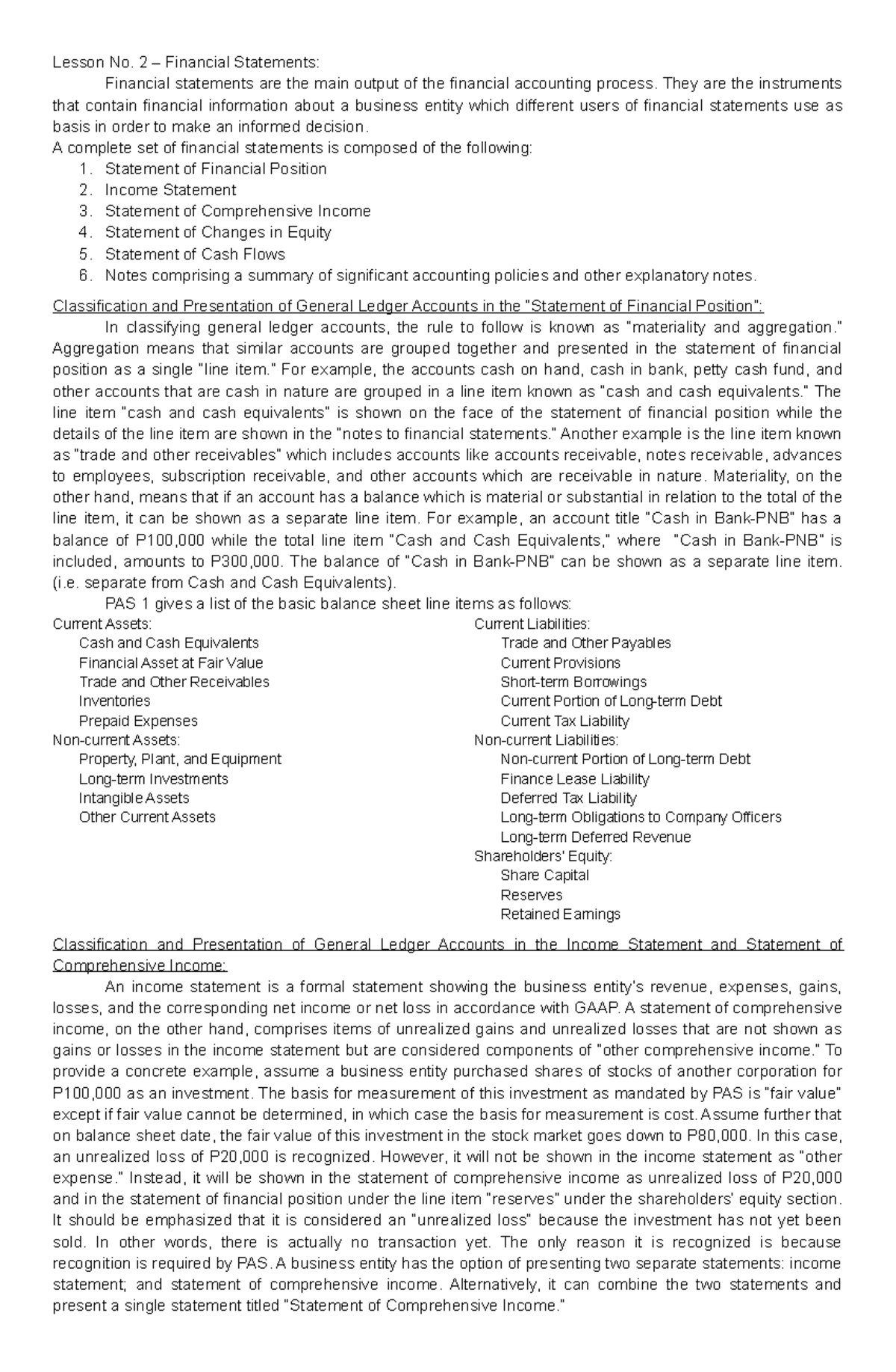 Lecture No. 2 - Financial Statements & Illustrative Problem - Lesson No. 2 – Financial ...