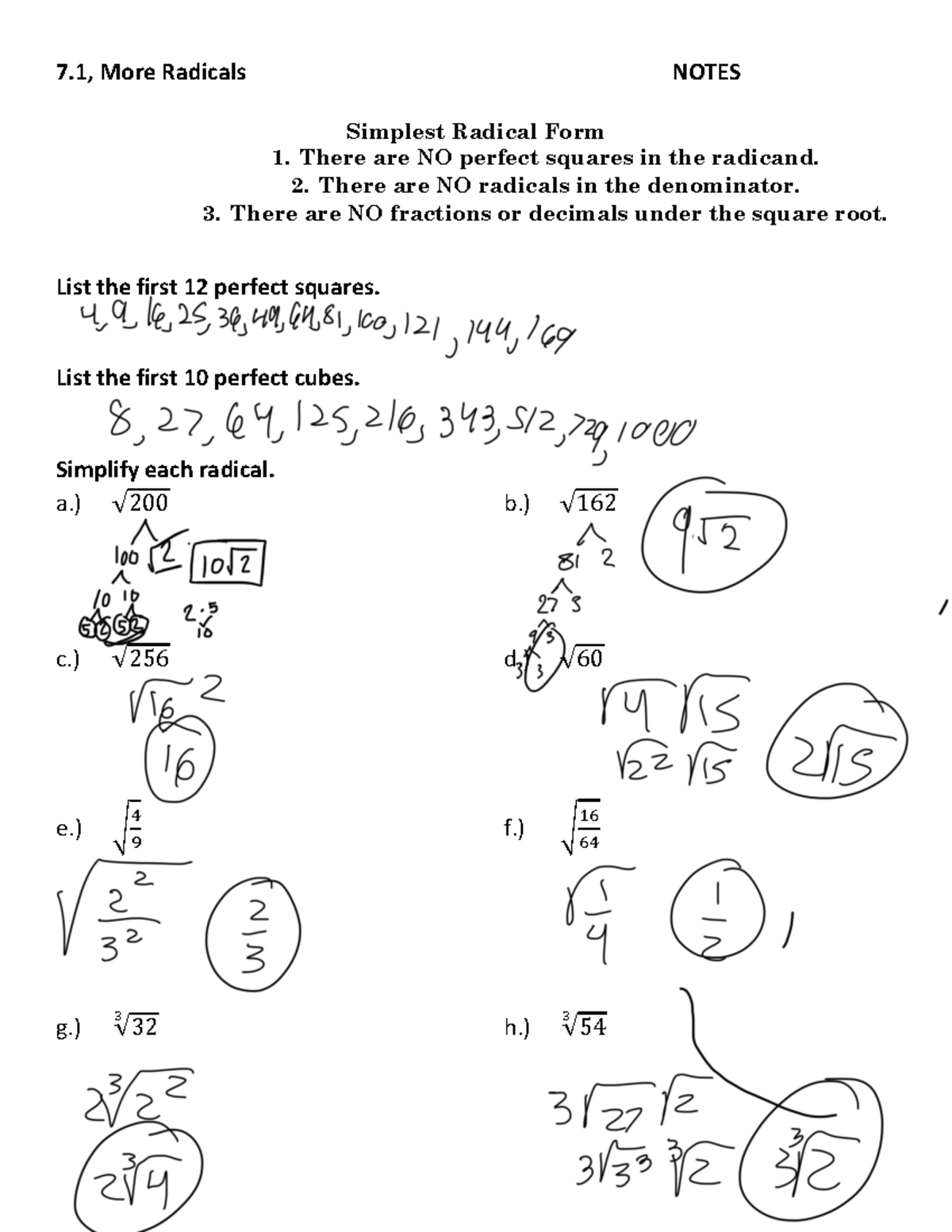 Unit 7 review in the - 7, More Radicals NOTES Simplest Radical Form 1 ...