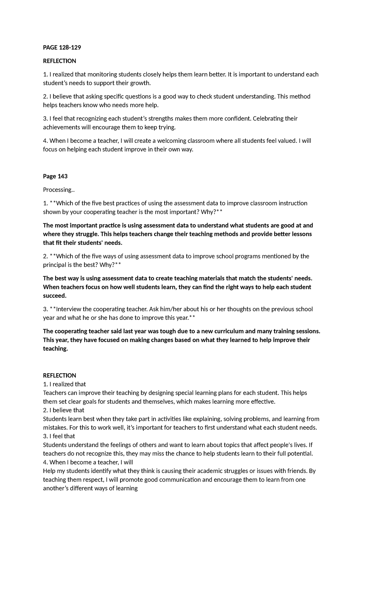 FS1 Sample Answer - PAGE 128- REFLECTION 1. I realized that monitoring ...