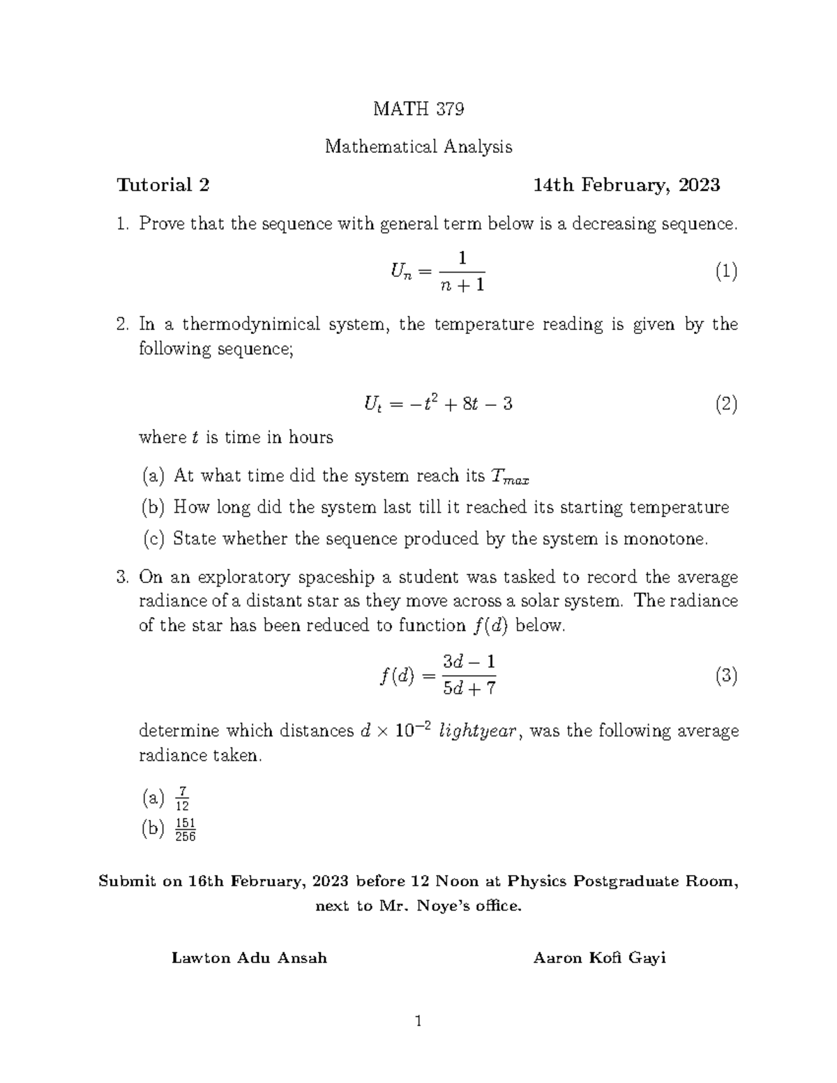 Tutorial 2 - MATH 379 Mathematical Analysis Tutorial 2 14th February ...