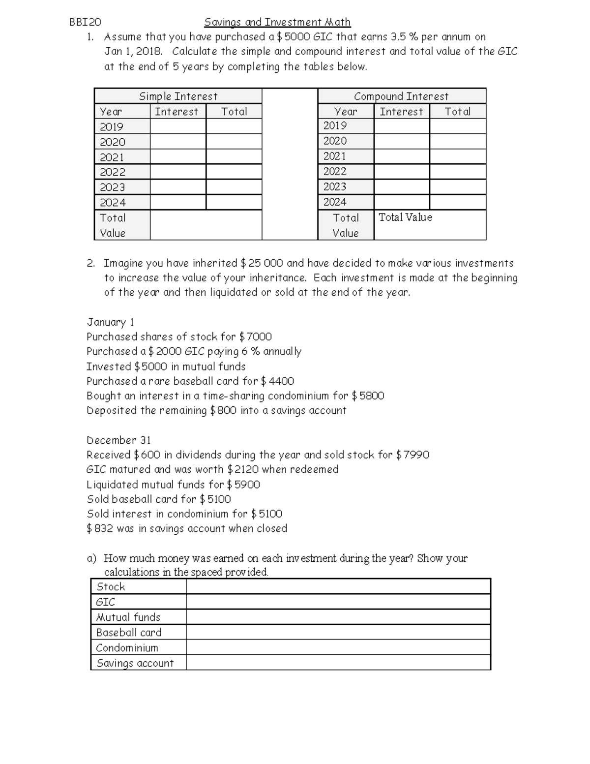 5 Investment Math Sheet - BBI20 Savings and Investment Math 1. Assume ...